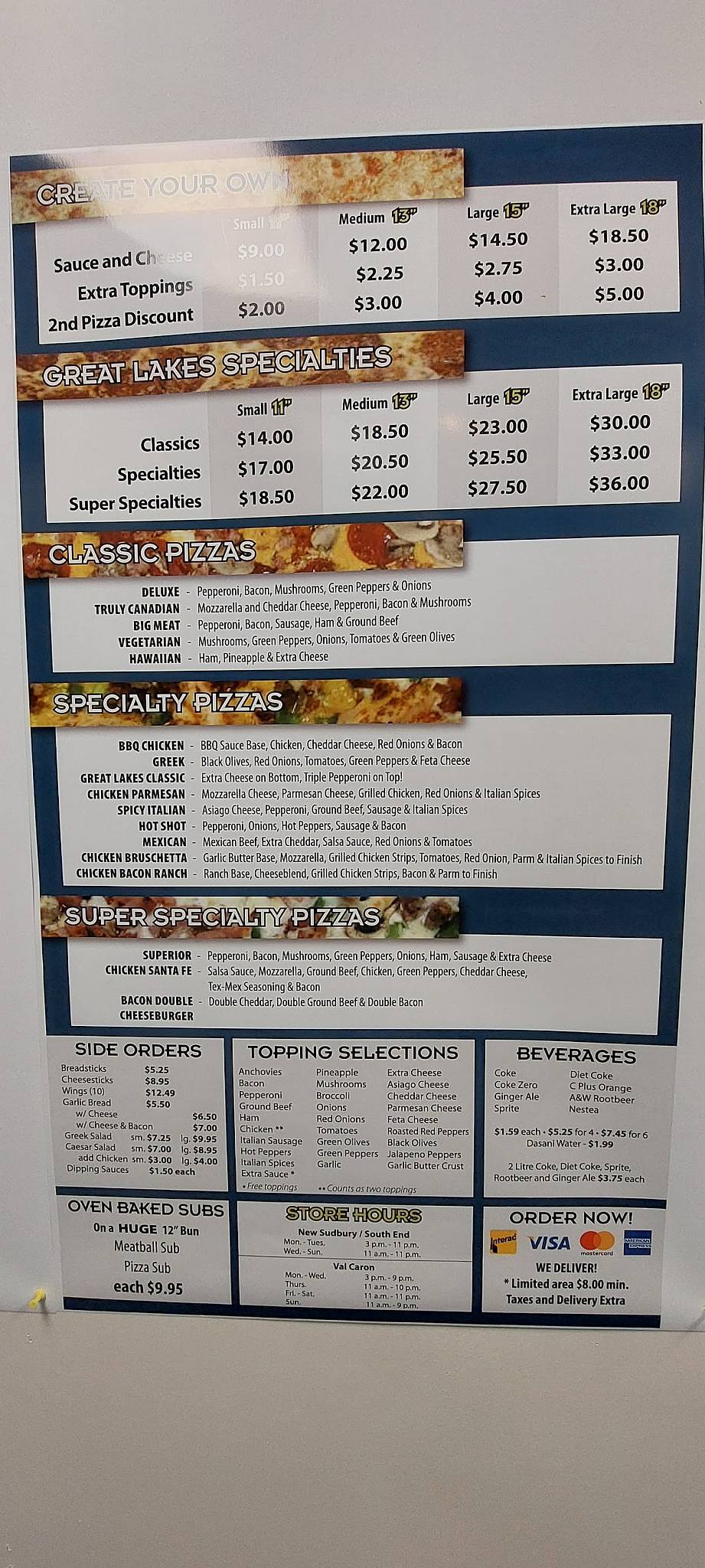 Menu at Great Lakes Pizza Co pizzeria, Sudbury, Lasalle Blvd #103A