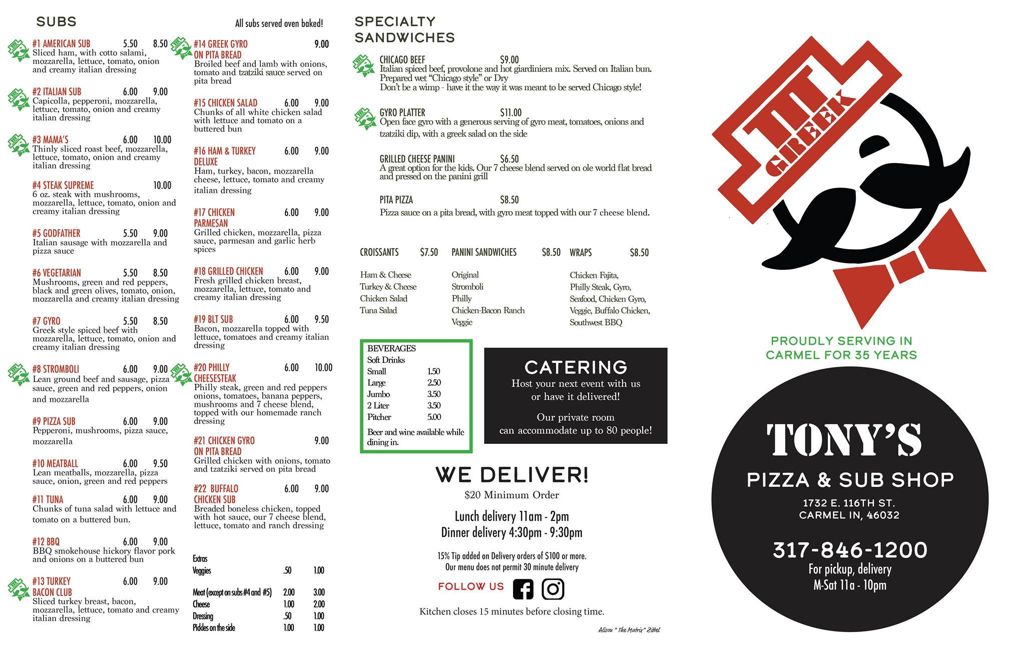 Menu at Greek Tony's Pizza & Sub Shop pizzeria, Carmel
