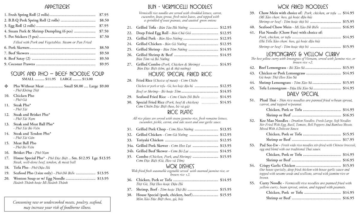 Menu at Green Garden Pho restaurant, Silverdale