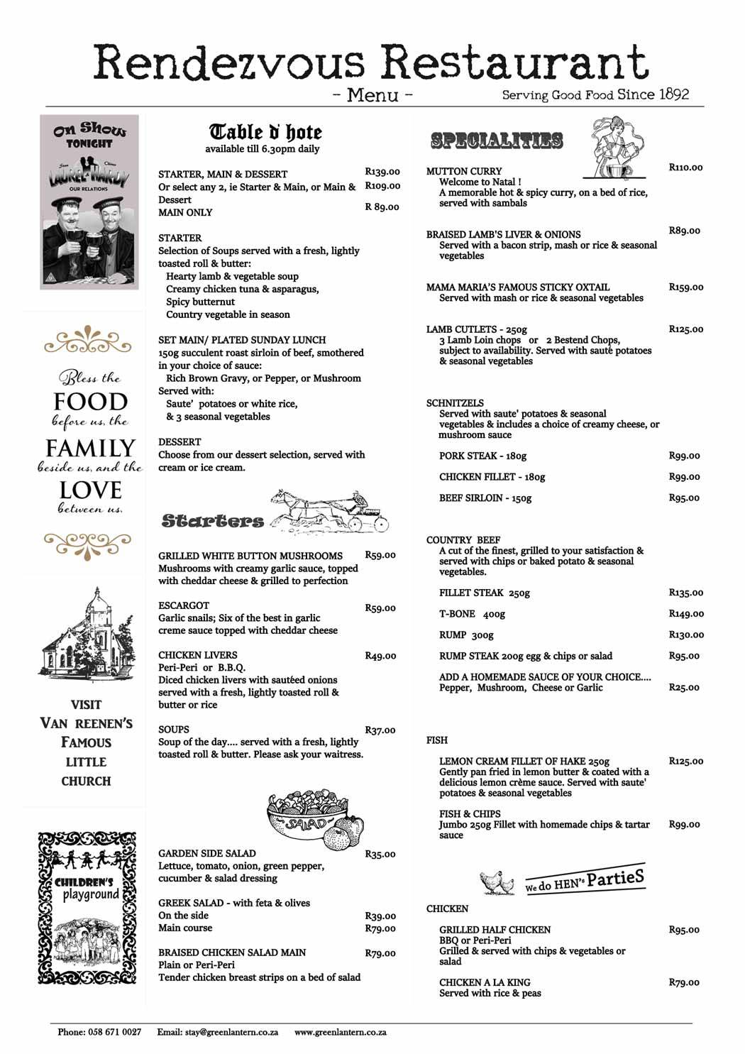 Menu at Green Lantern Inn Rendezvous Restaurant, Van Reenen