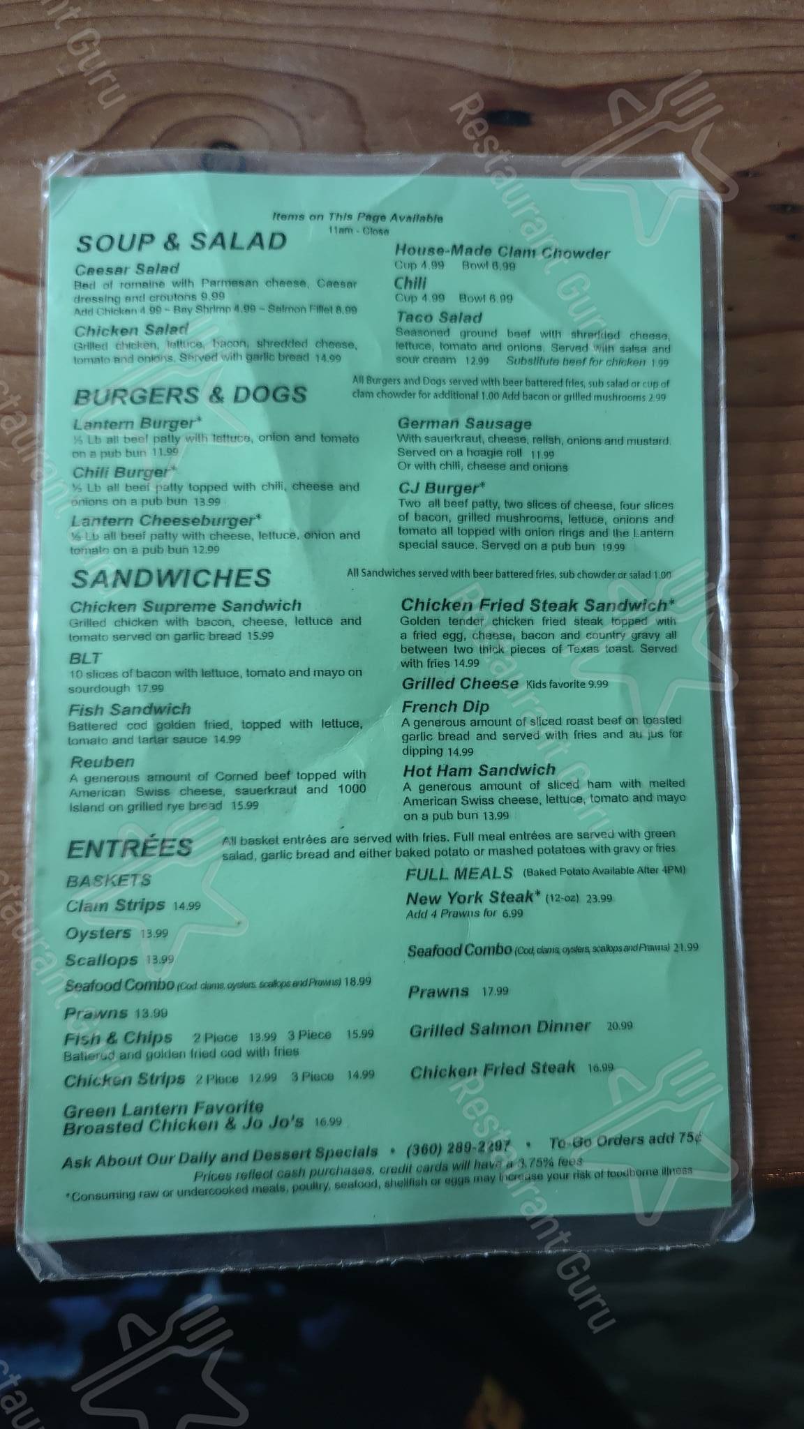 Menu at Green Lantern Pub, Copalis Beach