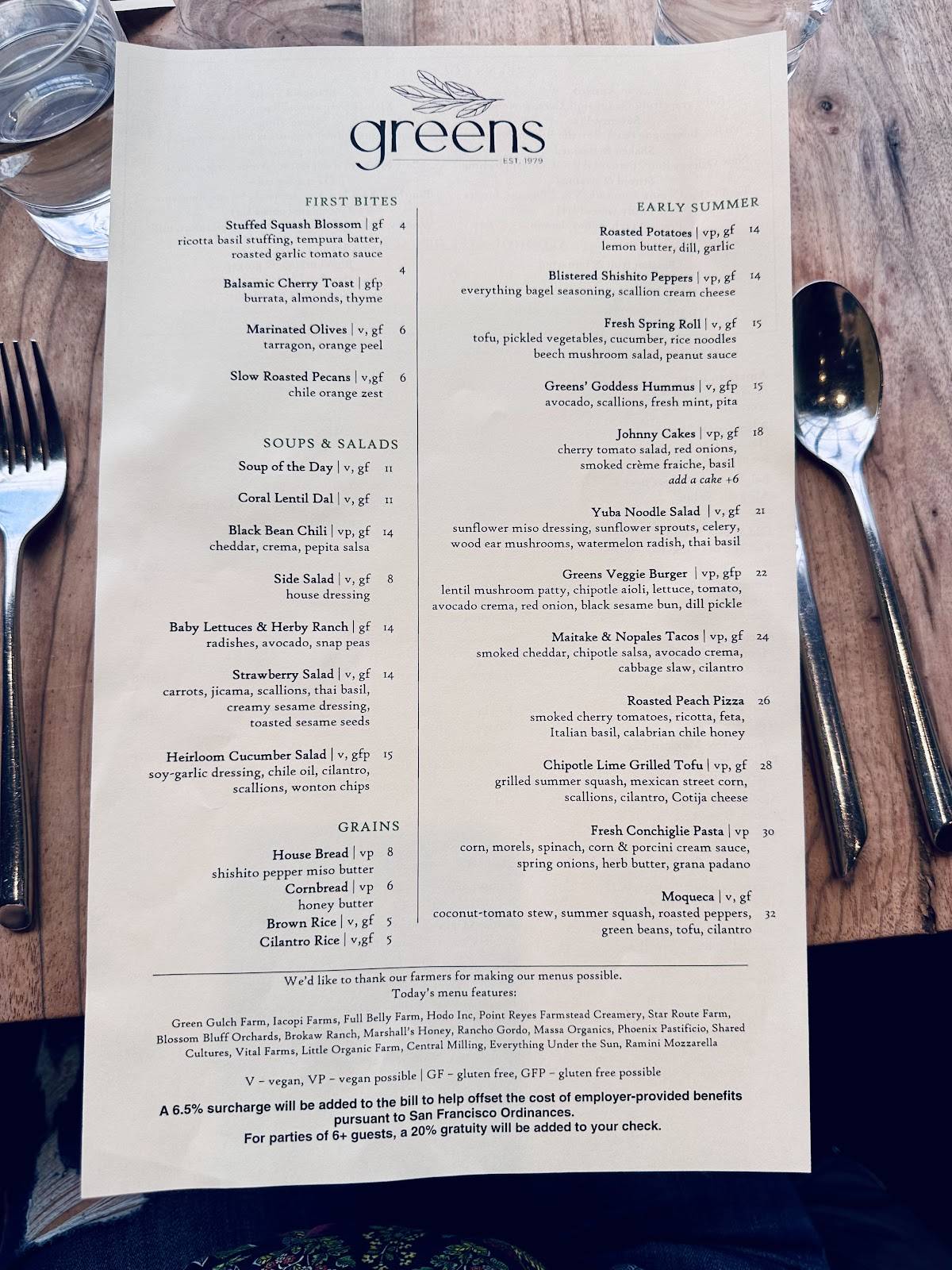 Menu at Greens restaurant, San Francisco, Building A