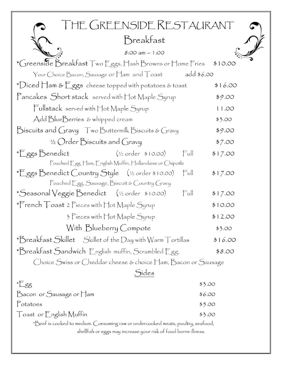 Menu at Greenside Restaurant at Crestview Golf Club, Waldport