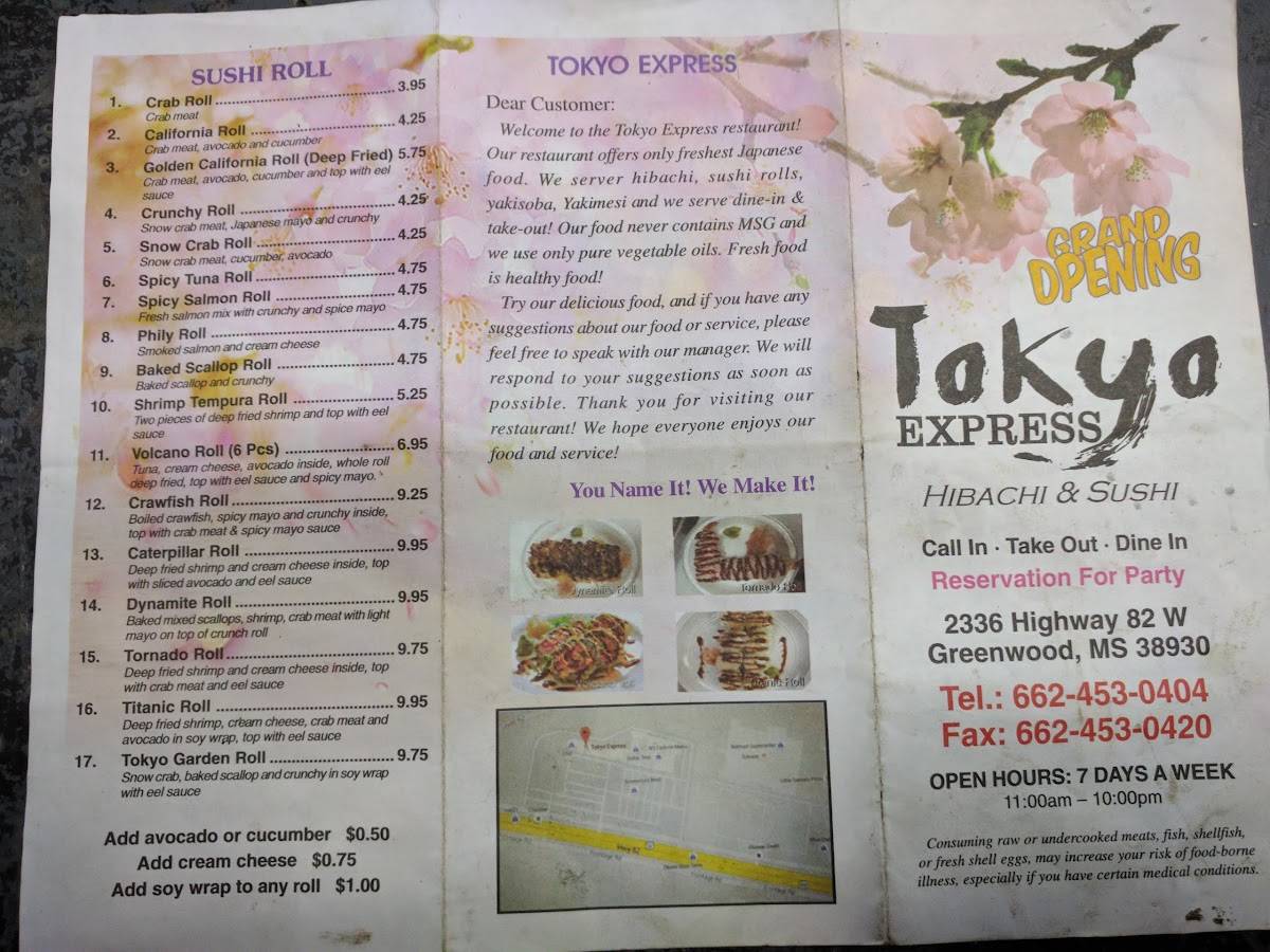 Menu at Tokyo Express restaurant, Greenwood