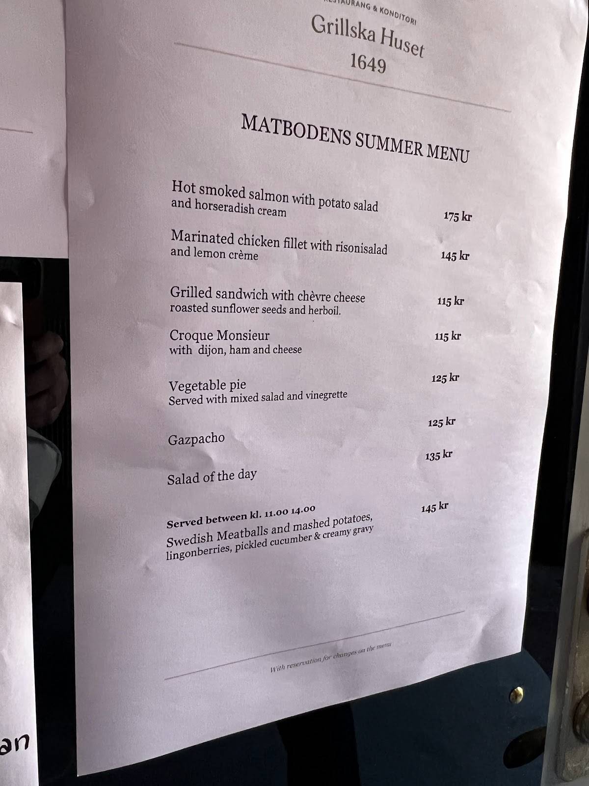 Menu at Grillska Huset cafe, Stockholm