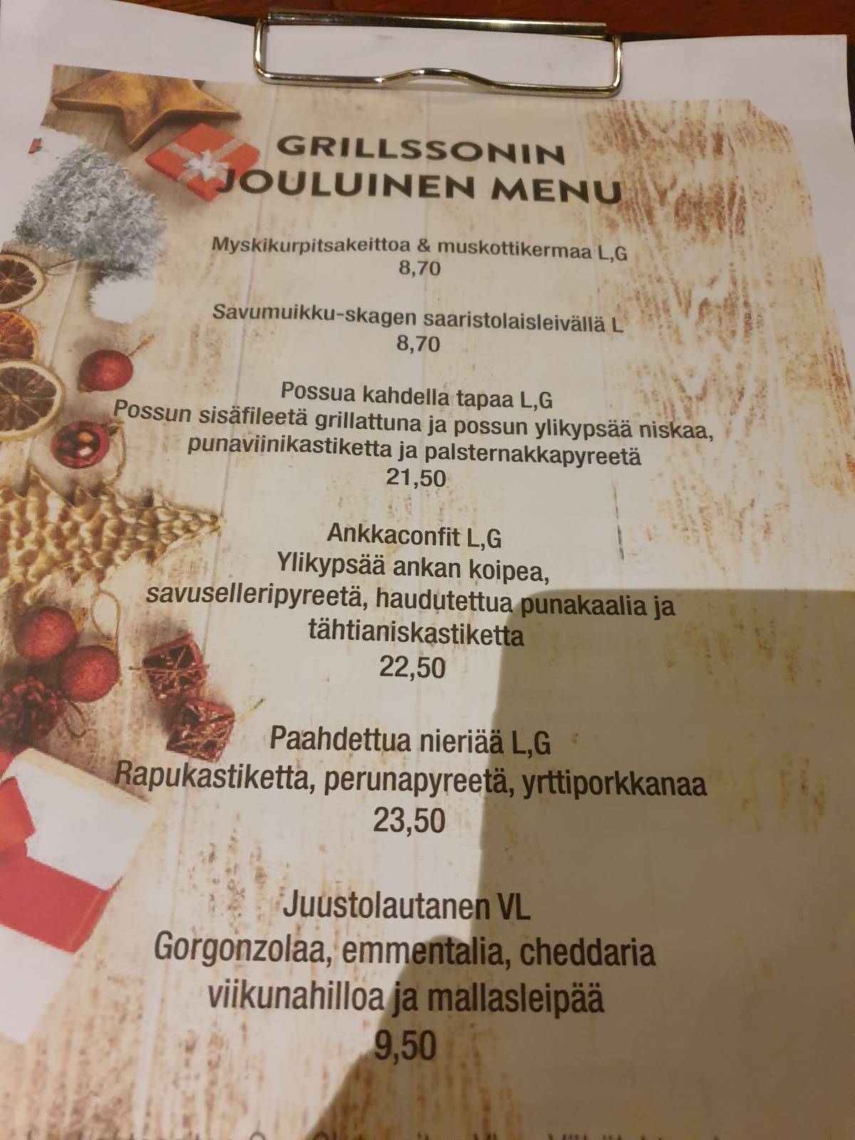 Menu at Grillsson Kuopio steakhouse, Kuopio