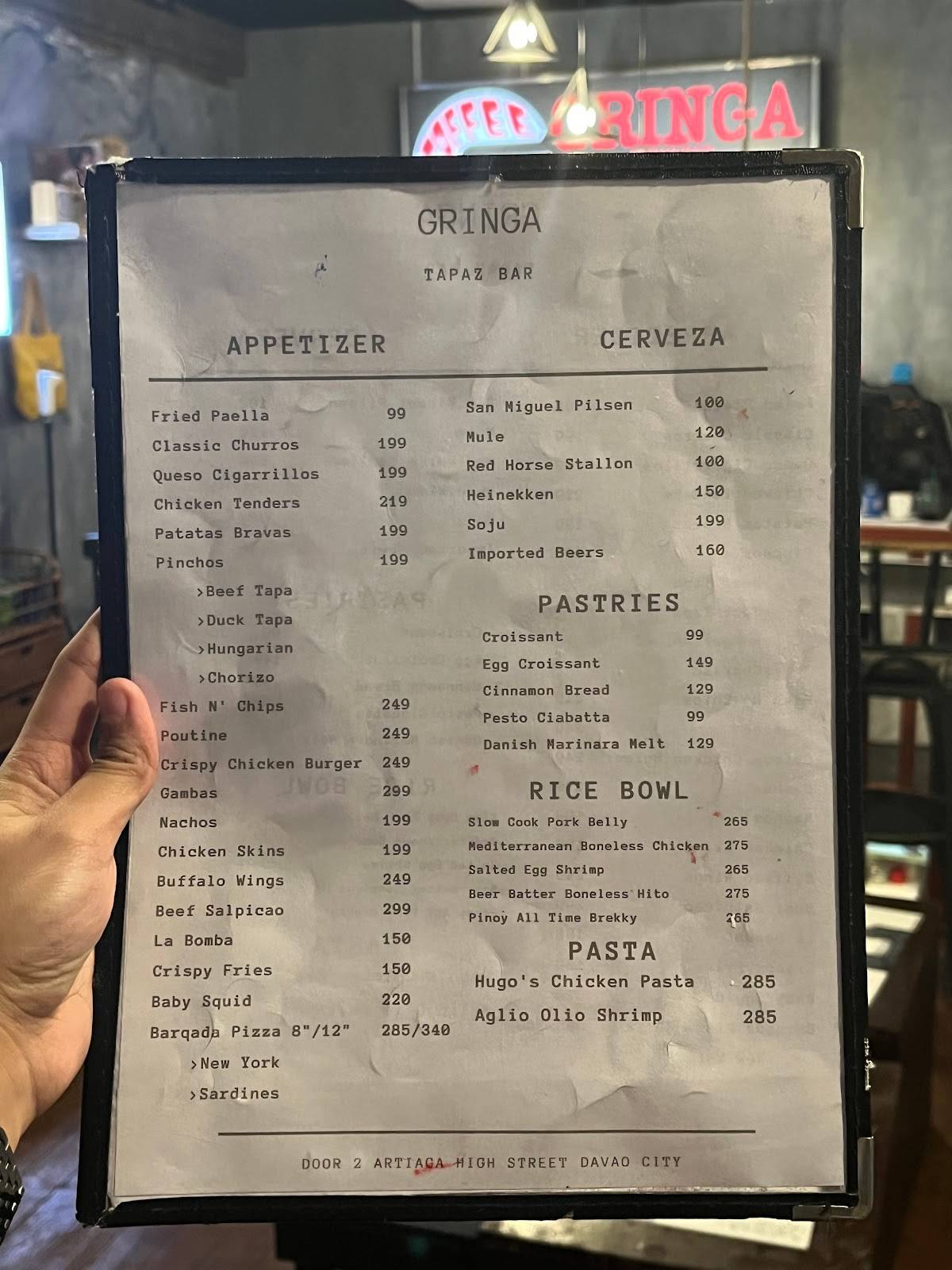 Menu at Gringa Tapaz Bar, Davao City