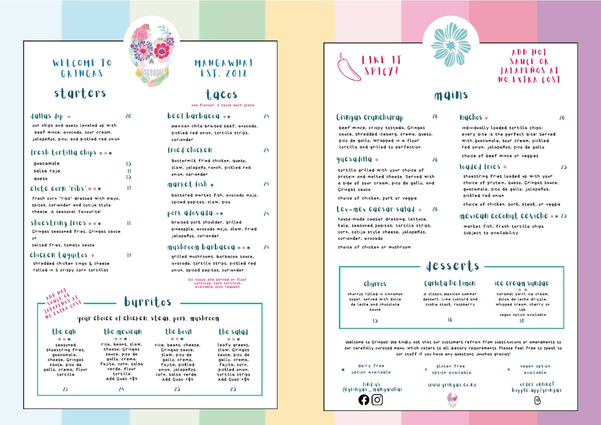 Menu at Gringas restaurant, Mangawhai