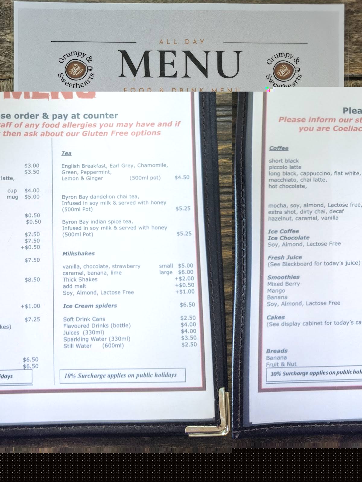 Menu at Grumpy & Sweetheart's cafe, Mogo