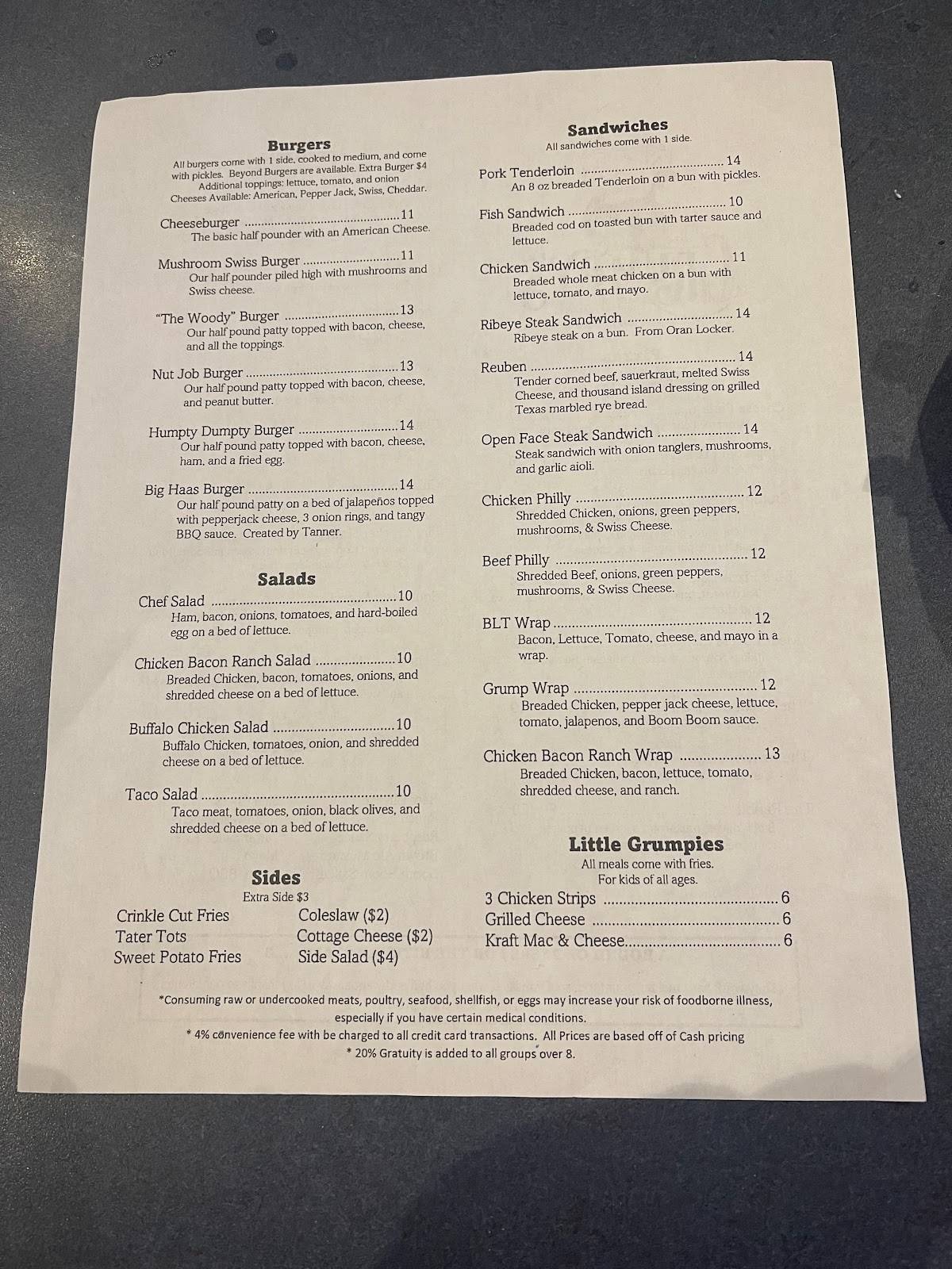 Menu at Grumpy's Bar & Event Center, Readlyn