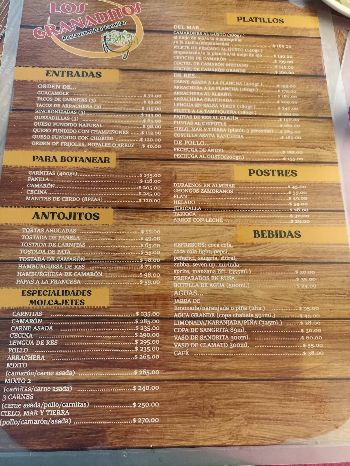 Carta del pub y bar Los Granaditos, Guadalajara