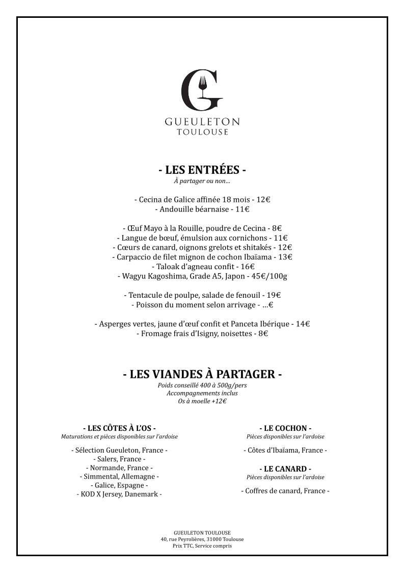 Menu au Gueuleton - Toulouse restaurant, Toulouse