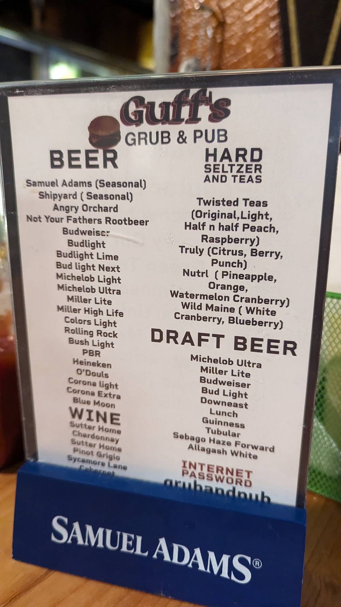 Menu at Guff's Grub and Pub, Standish