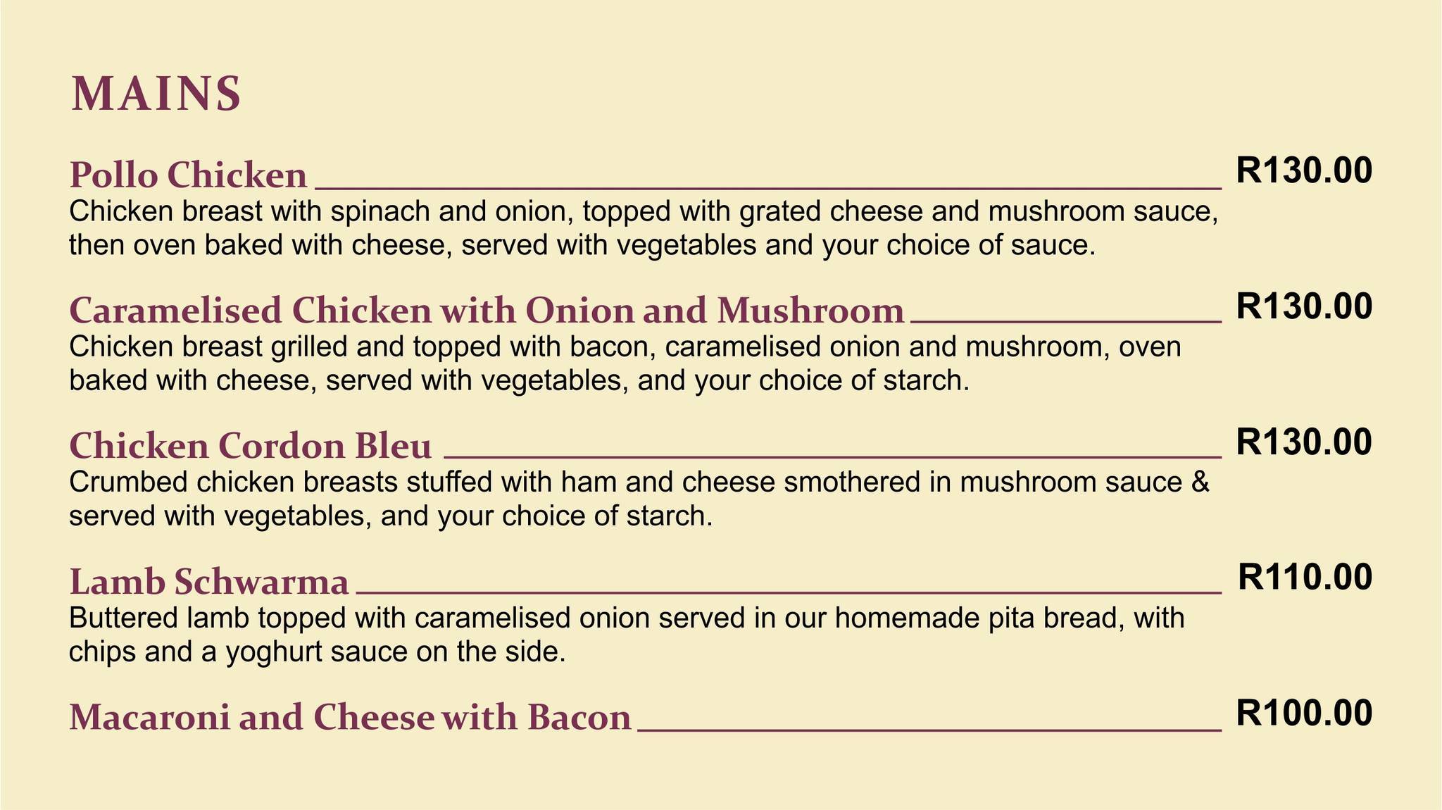 Menu at Guido's restaurant, East London, Gonubie Mall