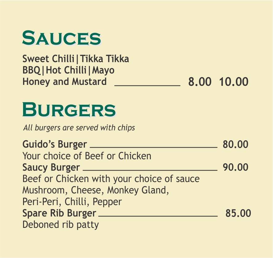 Menu at Guido's restaurant, East London, Gonubie Mall