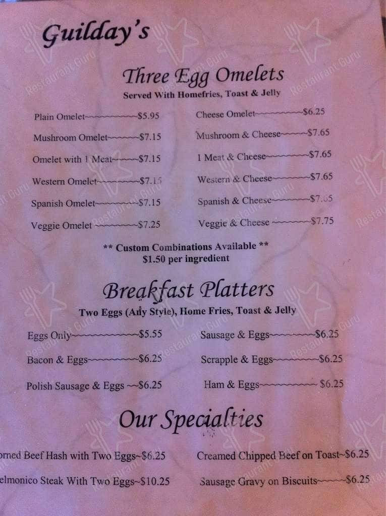 Menu at Guilday's restaurant, Newark