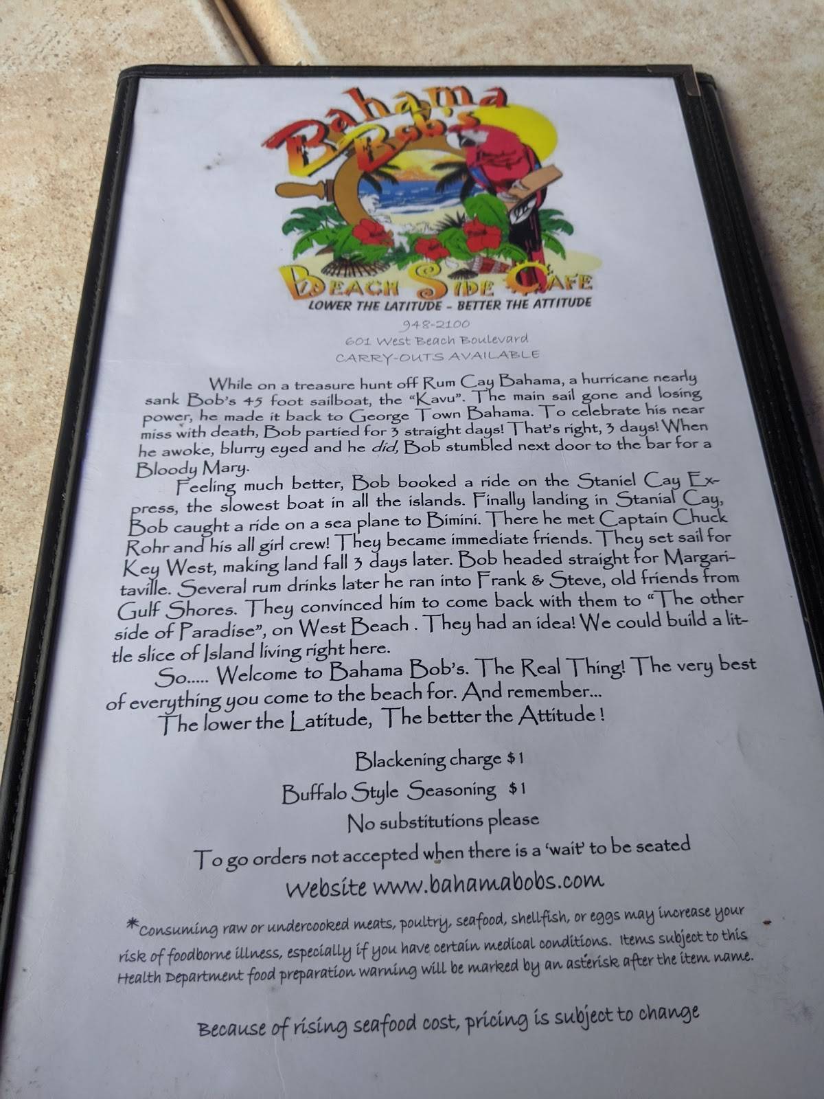 Menu at Bahama Bob's Beach Side Cafe, Gulf Shores