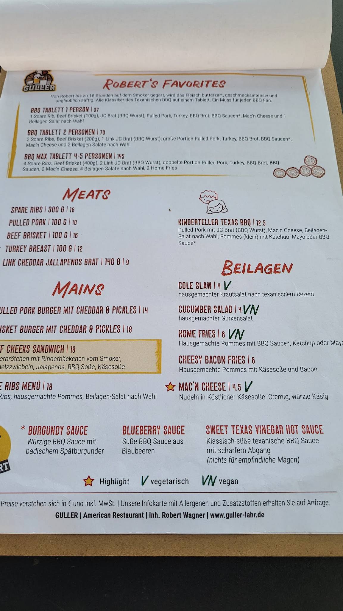 Speisekarte von Guller American Restaurant, Lahr/Schwarzwald