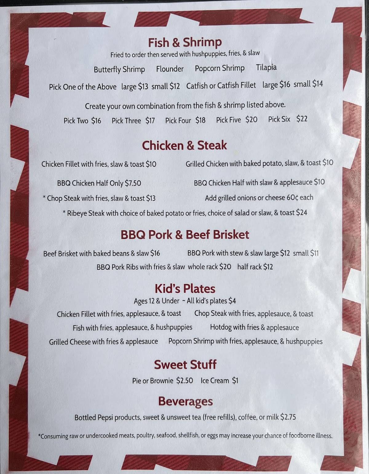 Menu at Gumlog Bar B Que & Fish Lodge, Lavonia