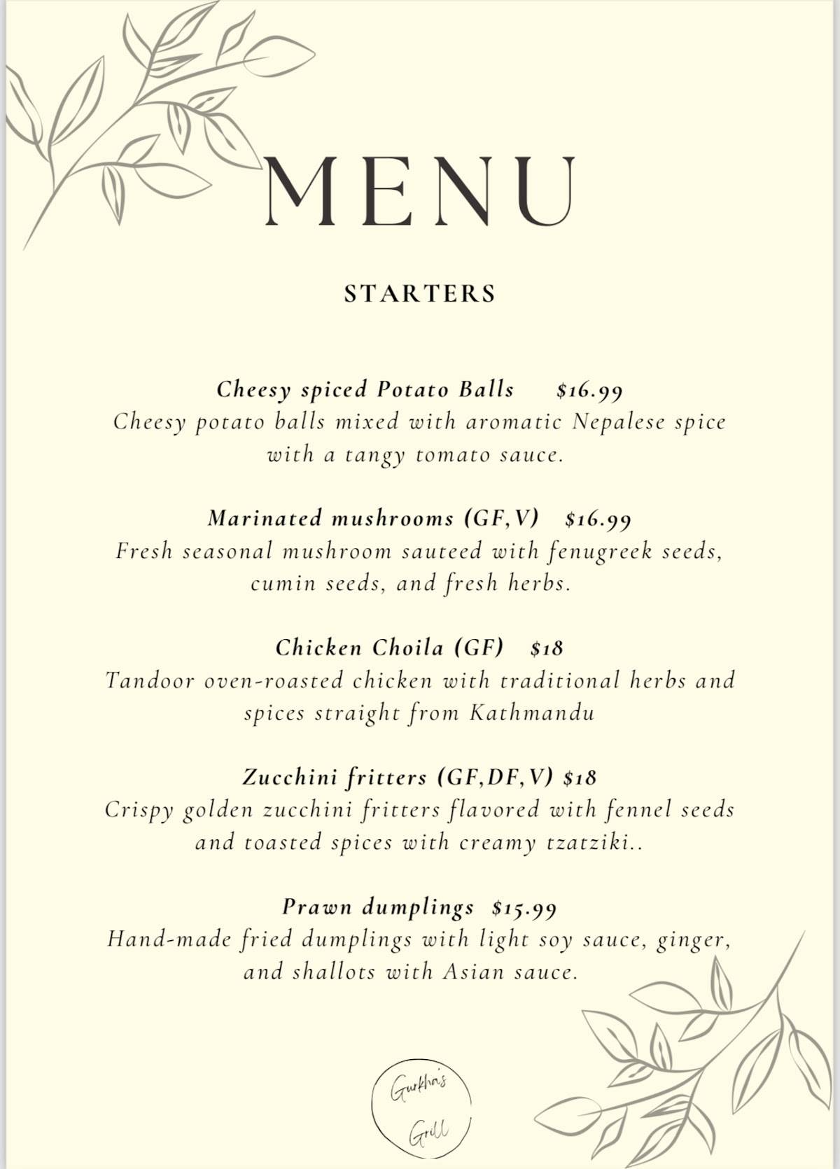 Menu at Gurkha's Grill restaurant, Goodwood, 147 Goodwood Rd