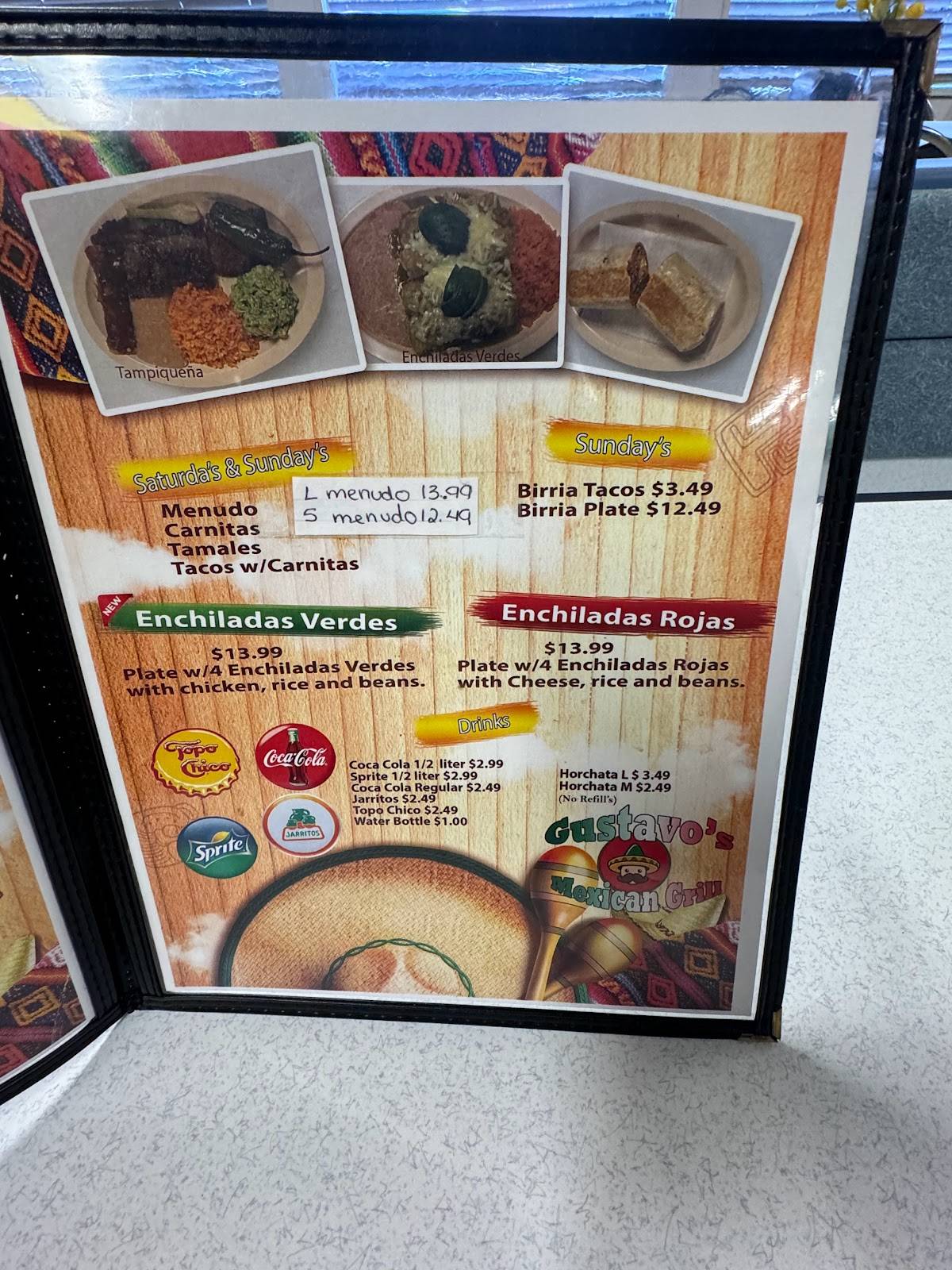 Menu at Gustavo's Mexican Grill restaurant, Kewanee