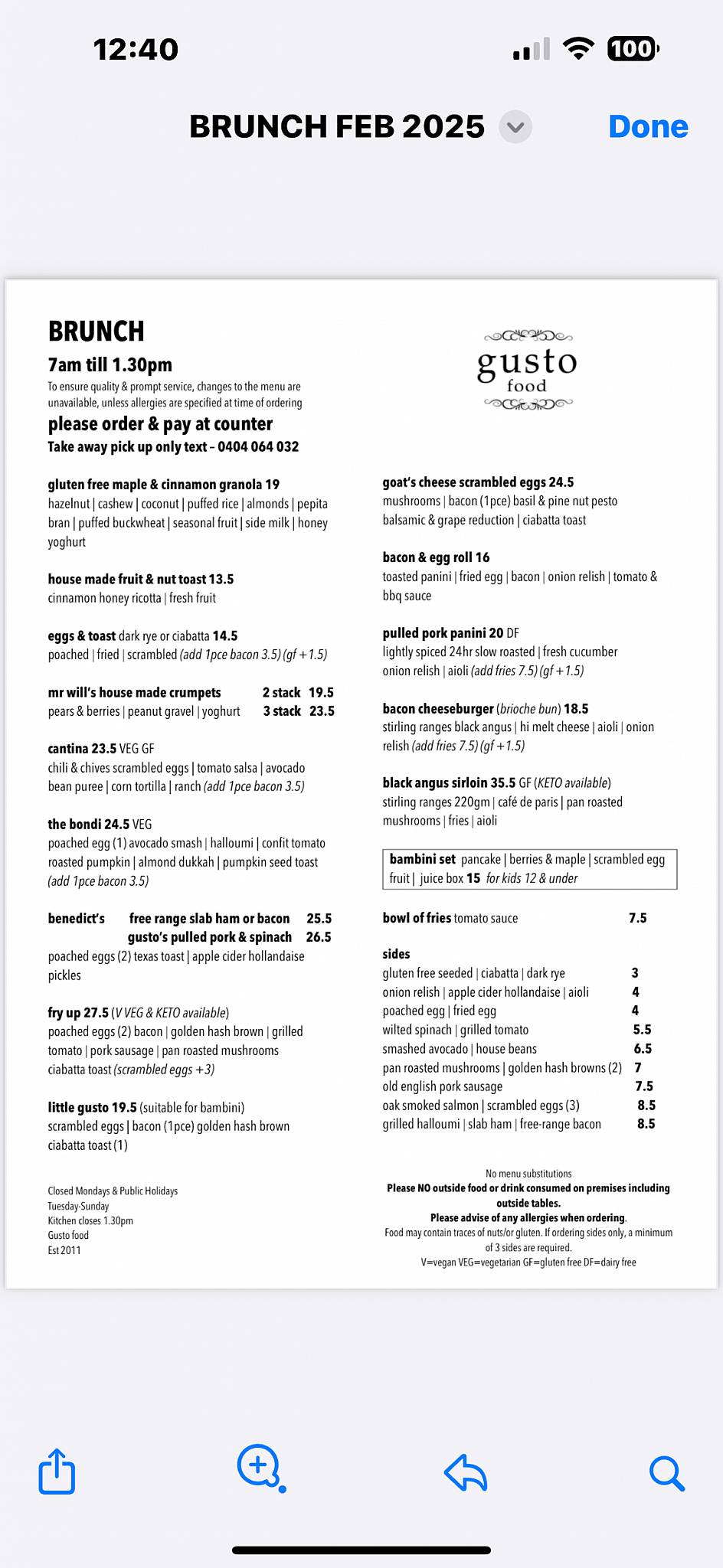 Menu at Gusto Food restaurant, South Perth, 86 Angelo St