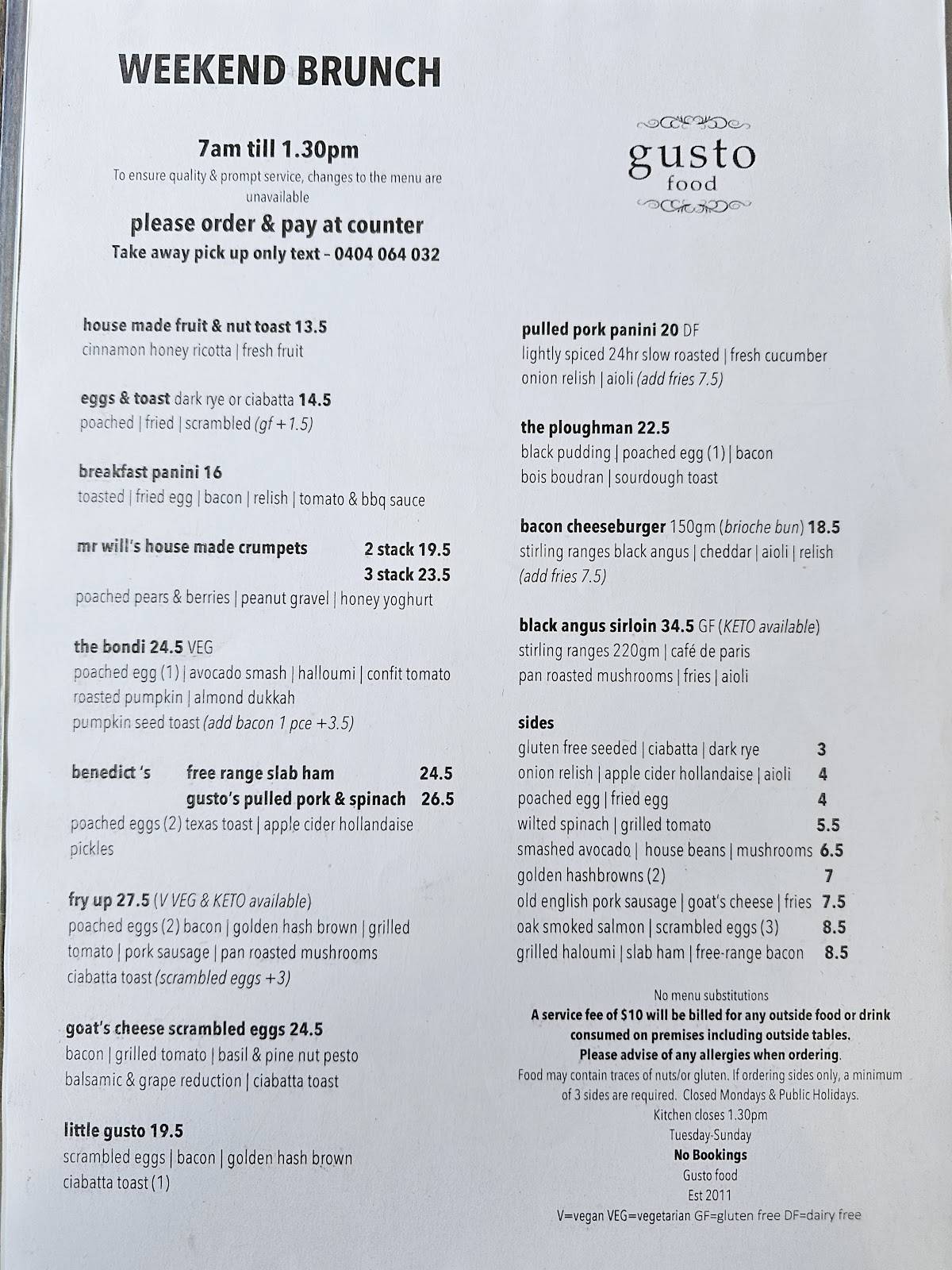 Menu at Gusto Food restaurant, South Perth, 86 Angelo St