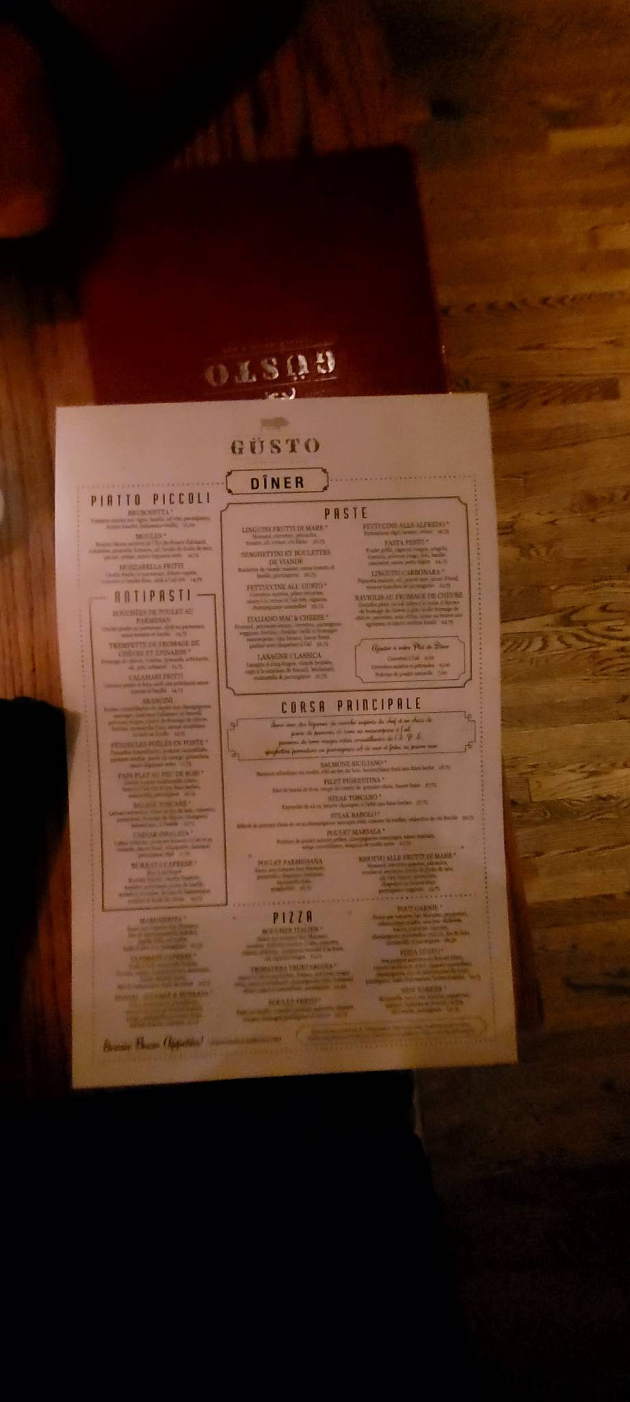 Menu at Gusto Italian Grill & Bar, Moncton
