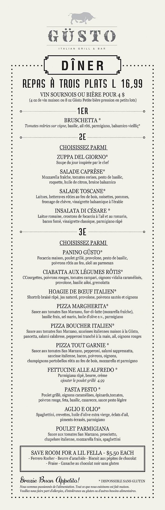 Menu at Gusto Italian Grill & Bar, Moncton