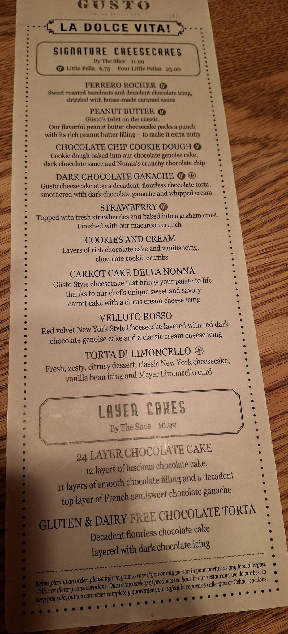 Menu at Gusto Italian Grill & Bar, Moncton