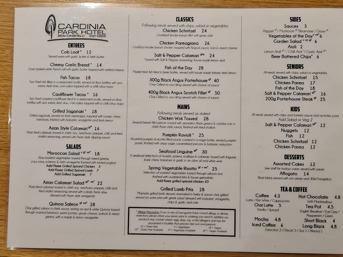 Menu at Cardinia Park Hotel restaurant, Beaconsfield