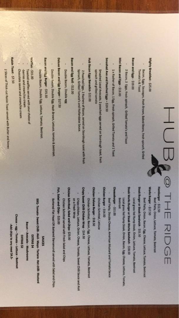 Menu at HUB @ The Ridge cafe, Carters Ridge