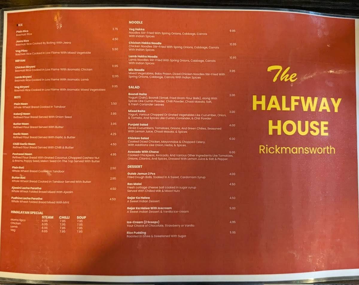 Menu at Halfway House pub & bar, Rickmansworth, 91 Uxbridge Rd