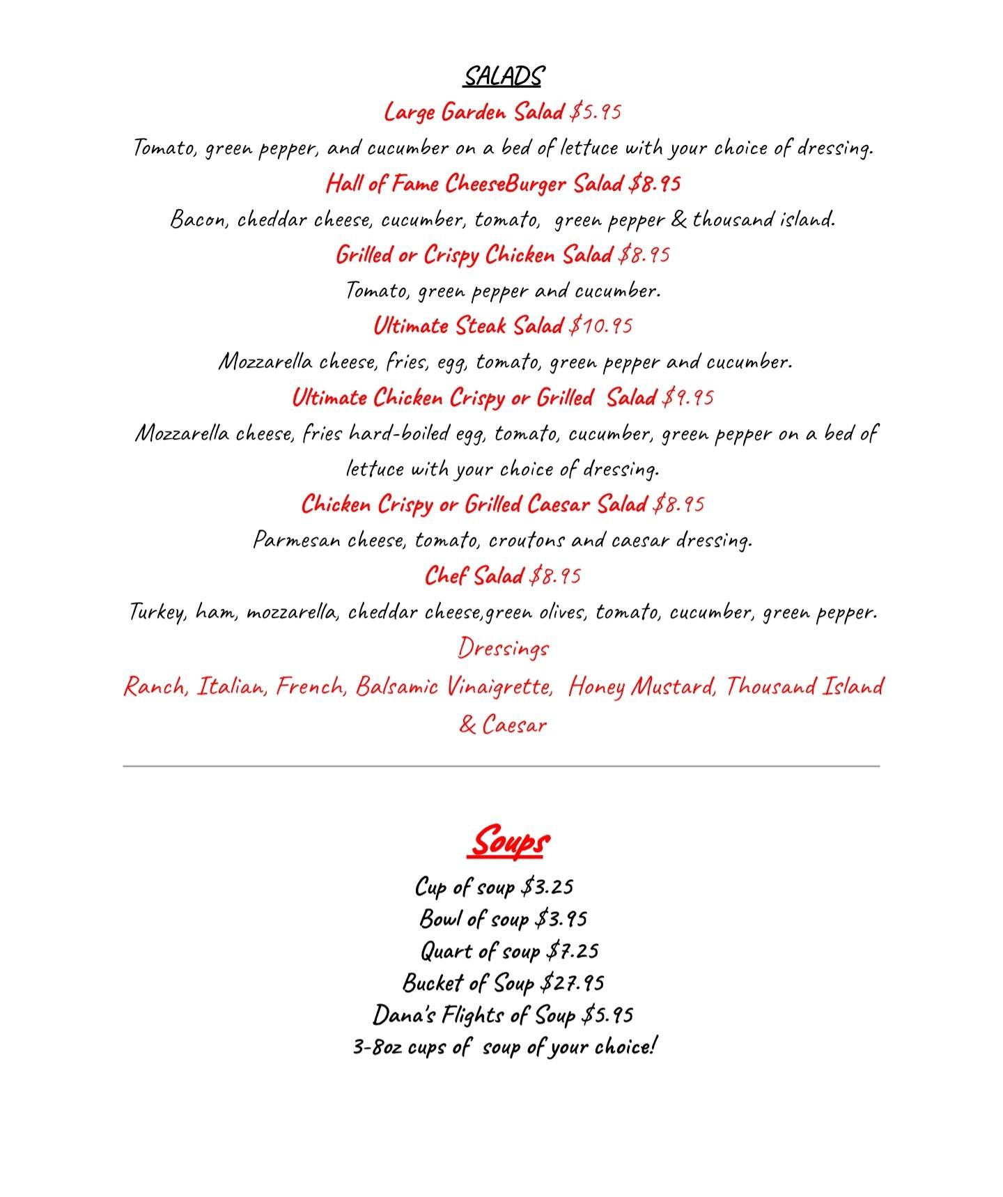 Menu at Hall of Fame Cafe, Wheeling