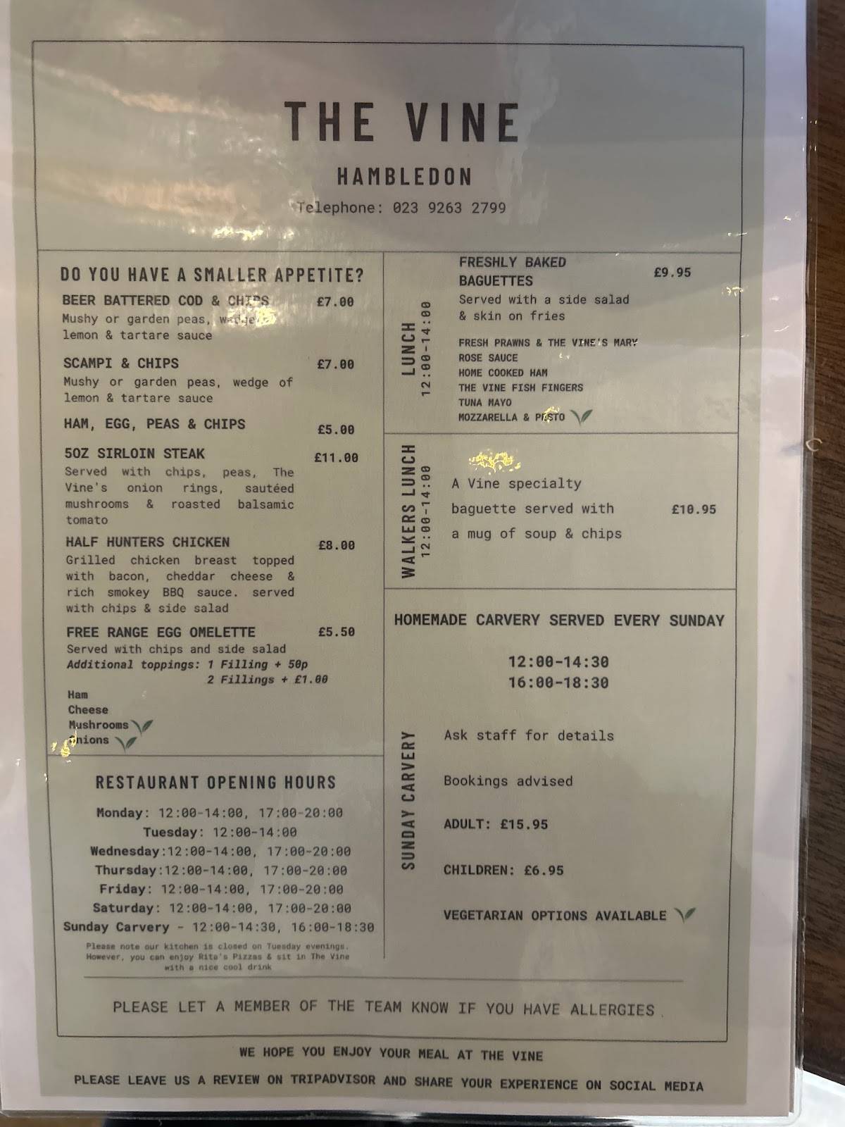 Menu at Vine Inn pub & bar, Hambledon