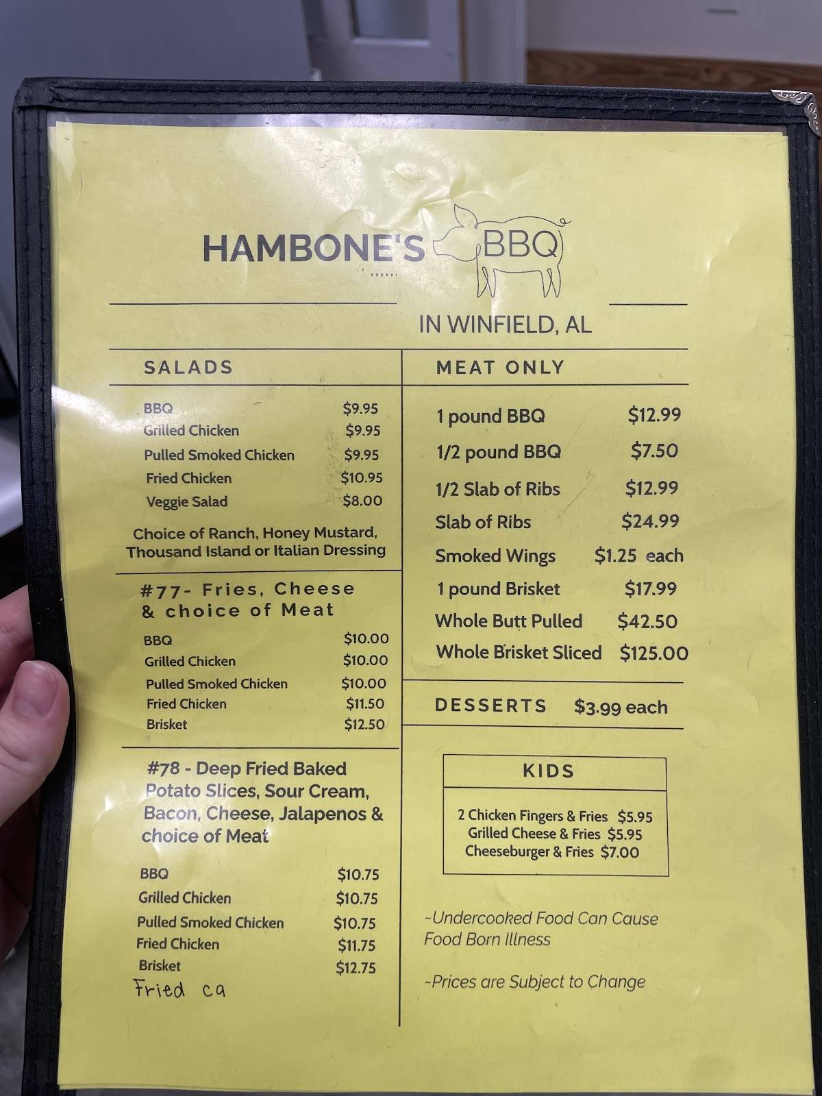 Menu at Hambone's BBQ, Winfield