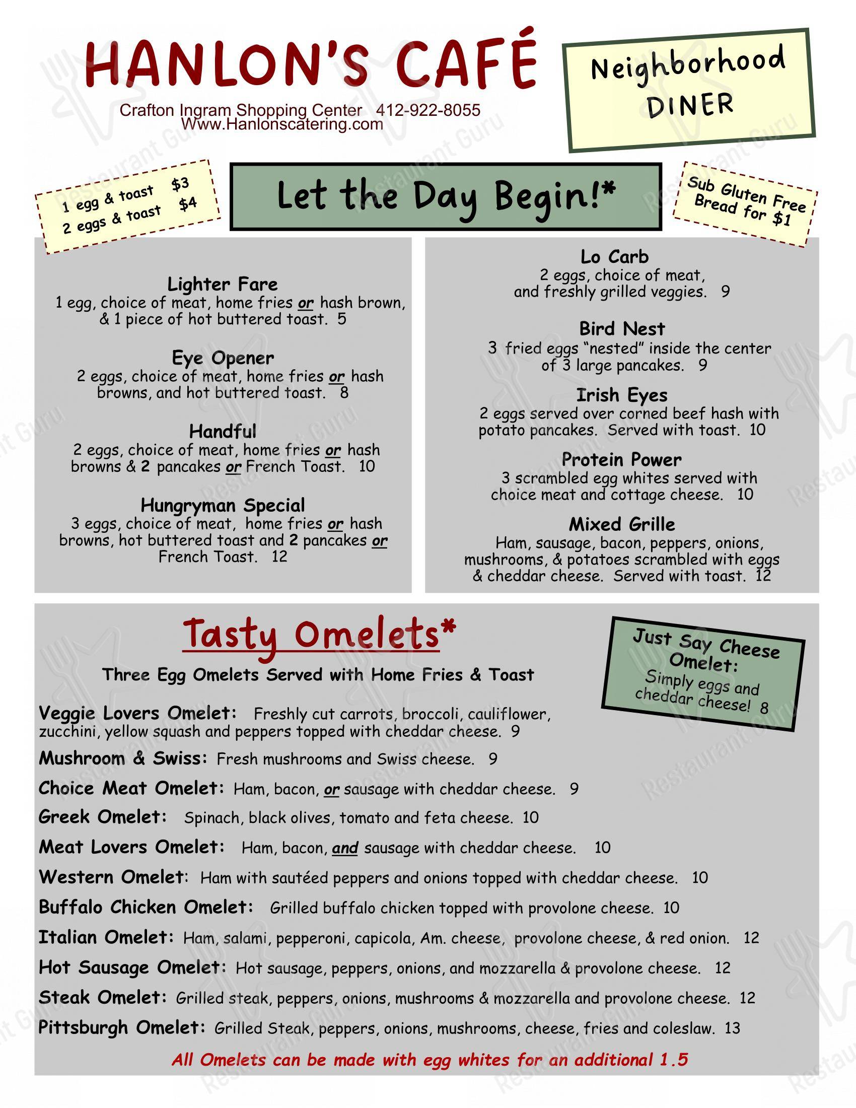 Menu at Hanlon's Cafe, Crafton, 17 Foster Ave