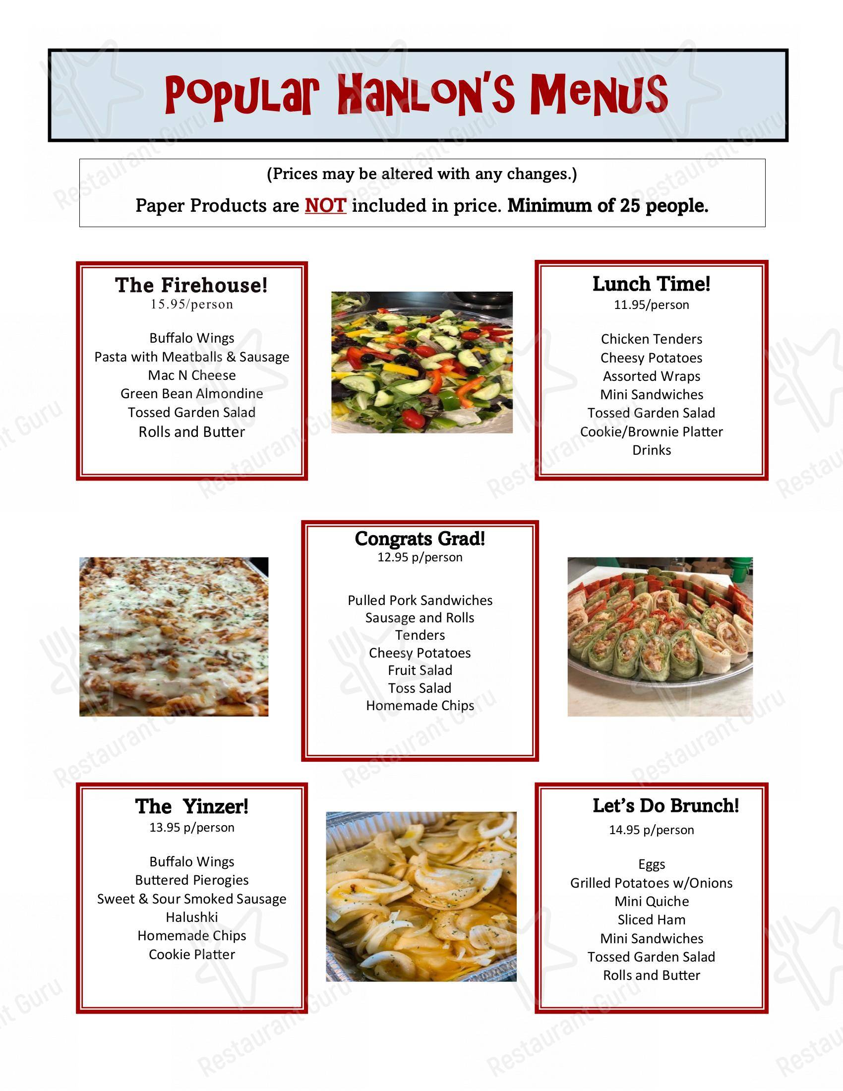 Menu at Hanlon's Cafe, Crafton, 17 Foster Ave