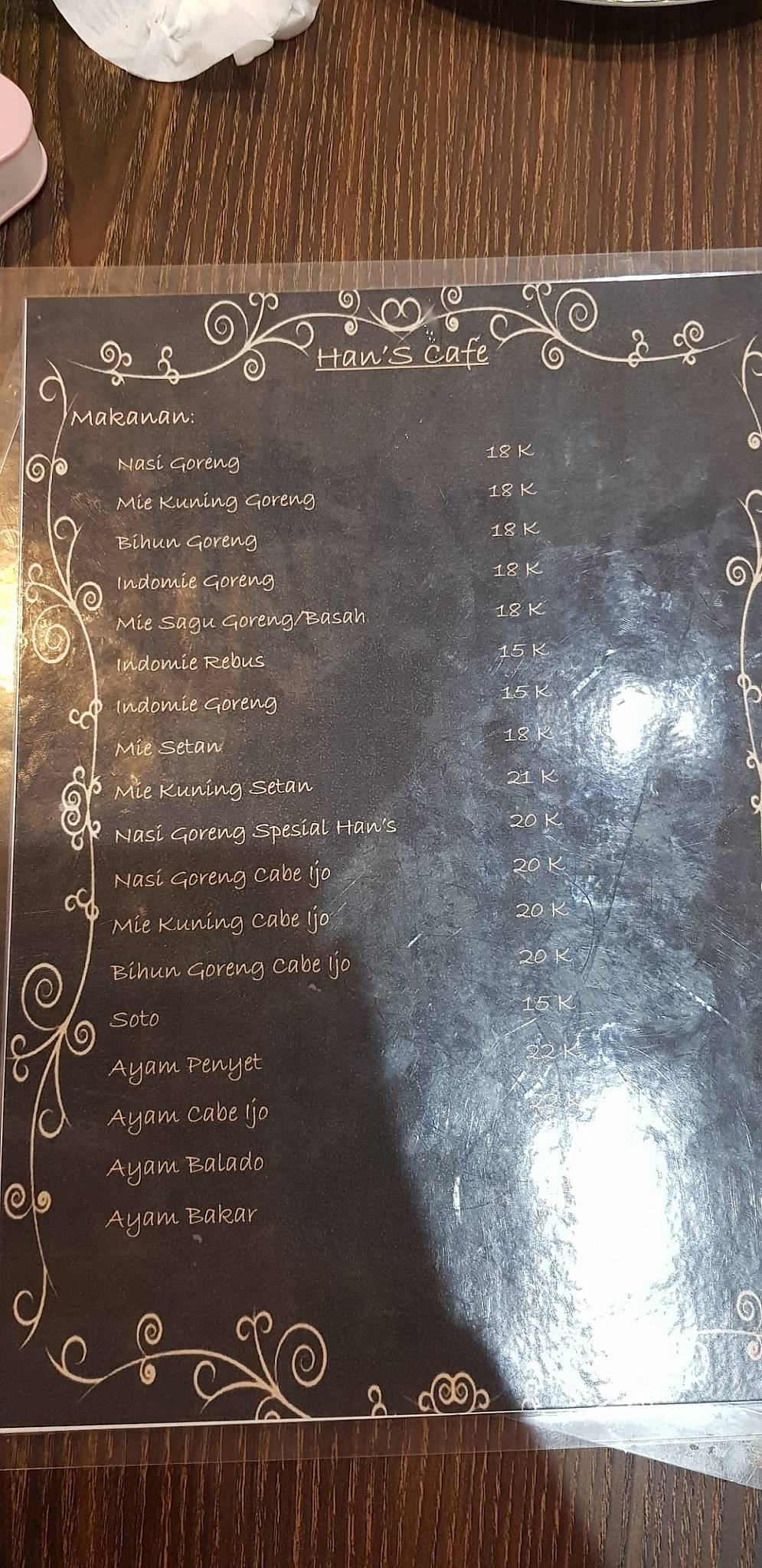 Menu at Han's Cafe, Indonesia, 2P46+V8G