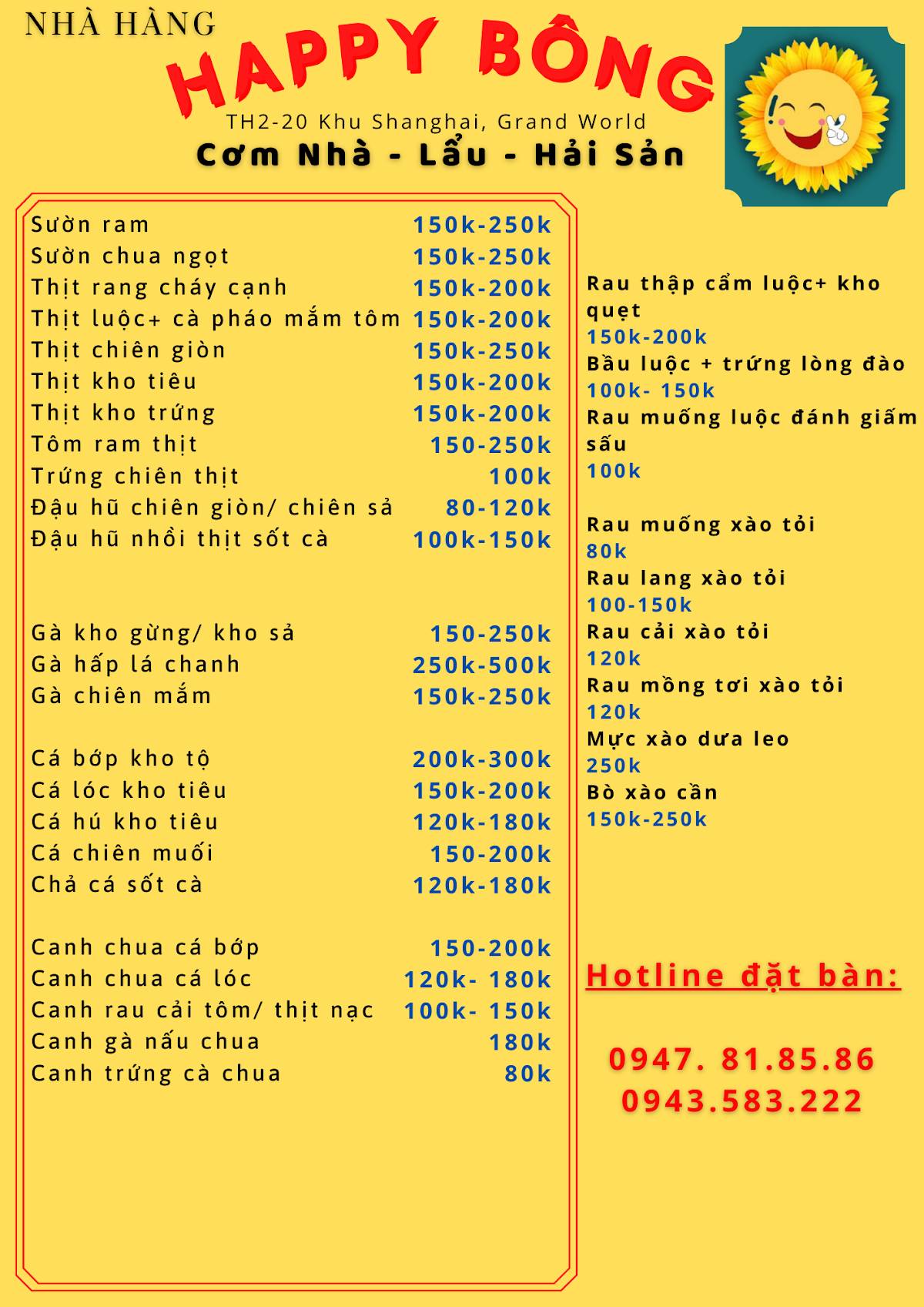 Menu at Happy Bông Phú Quốc - Nhà hàng Homestay Grand World Phú Quốc ...