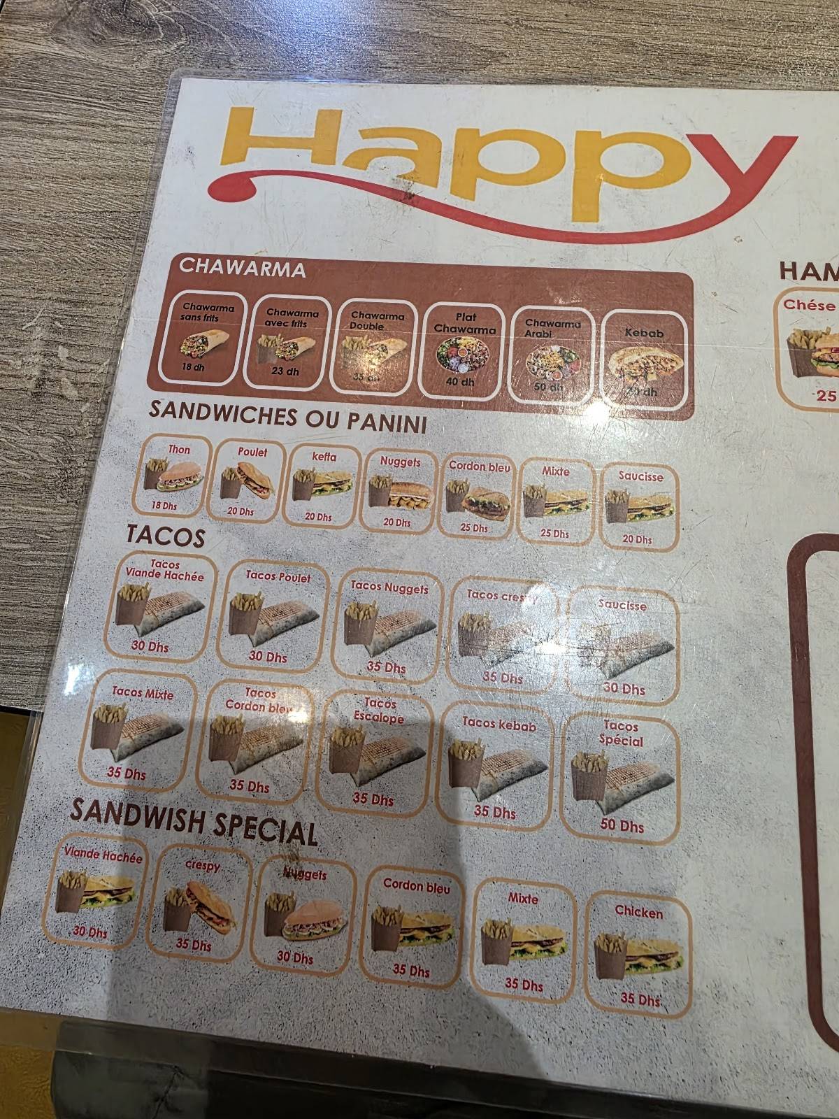 Menu at Happy restaurant, Ouarzazate