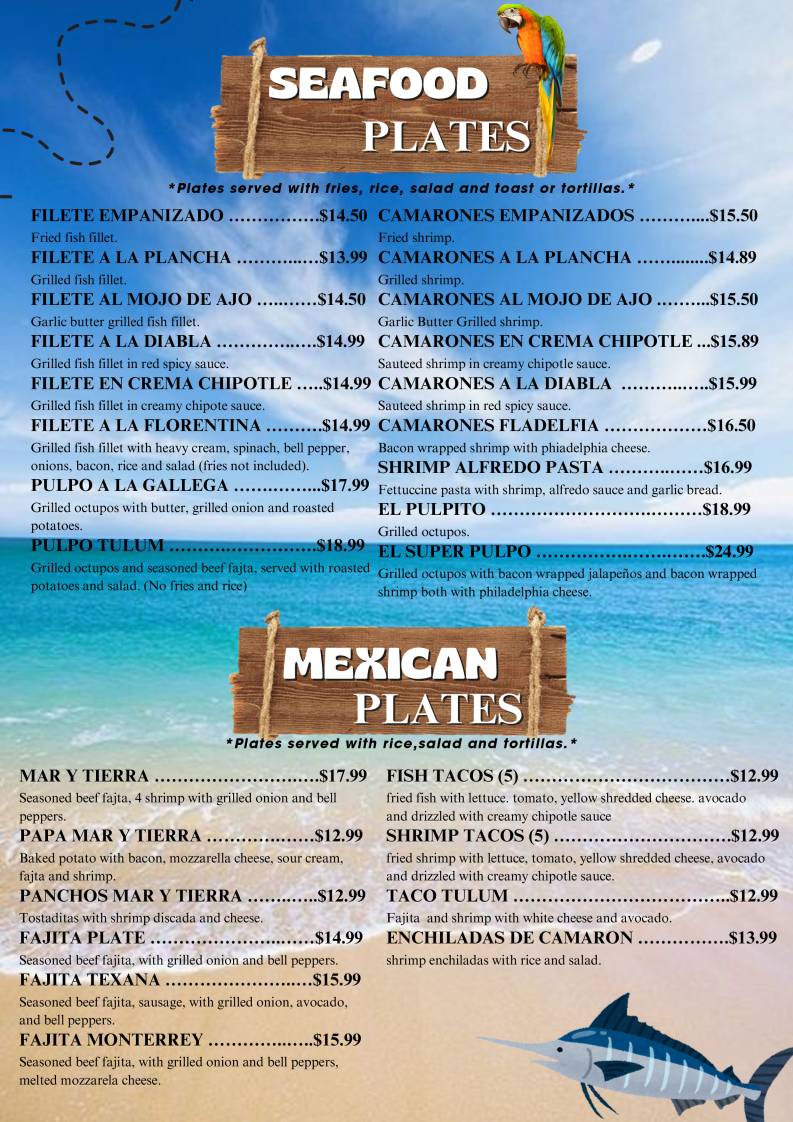 Menu at Mariscos Tulum restaurant, Harlingen
