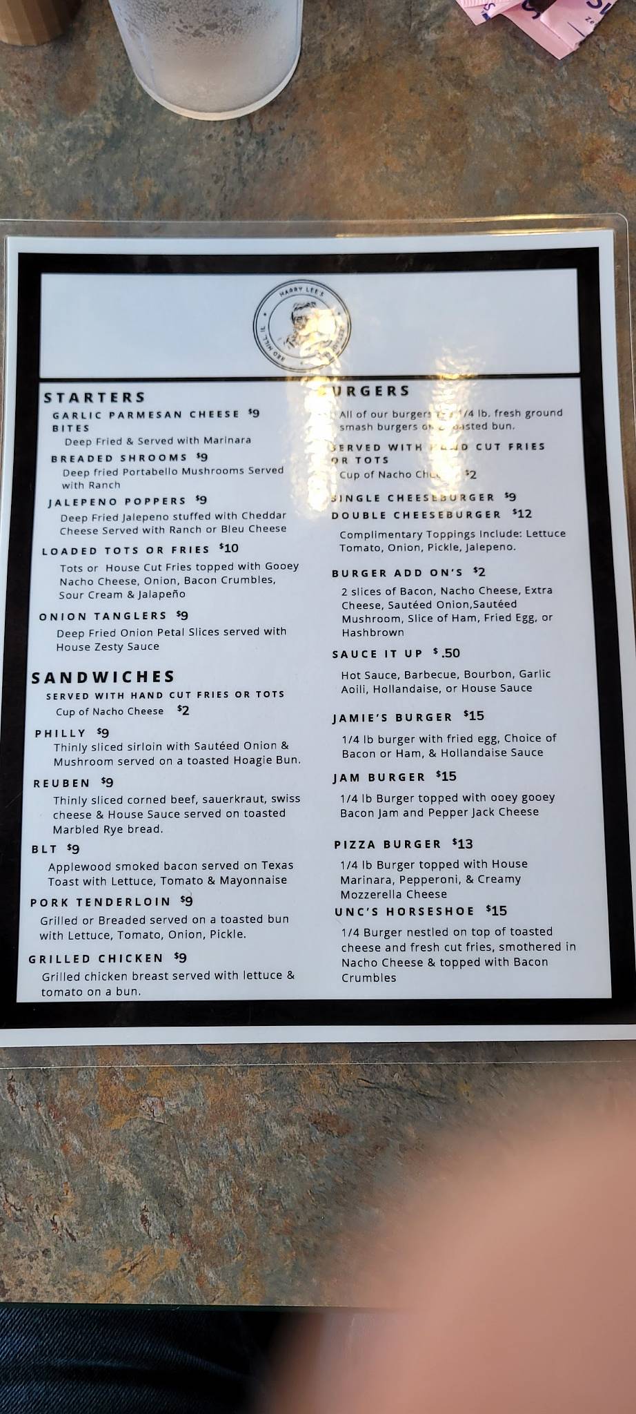 Menu at Harry's Lee's restaurant, Sumner