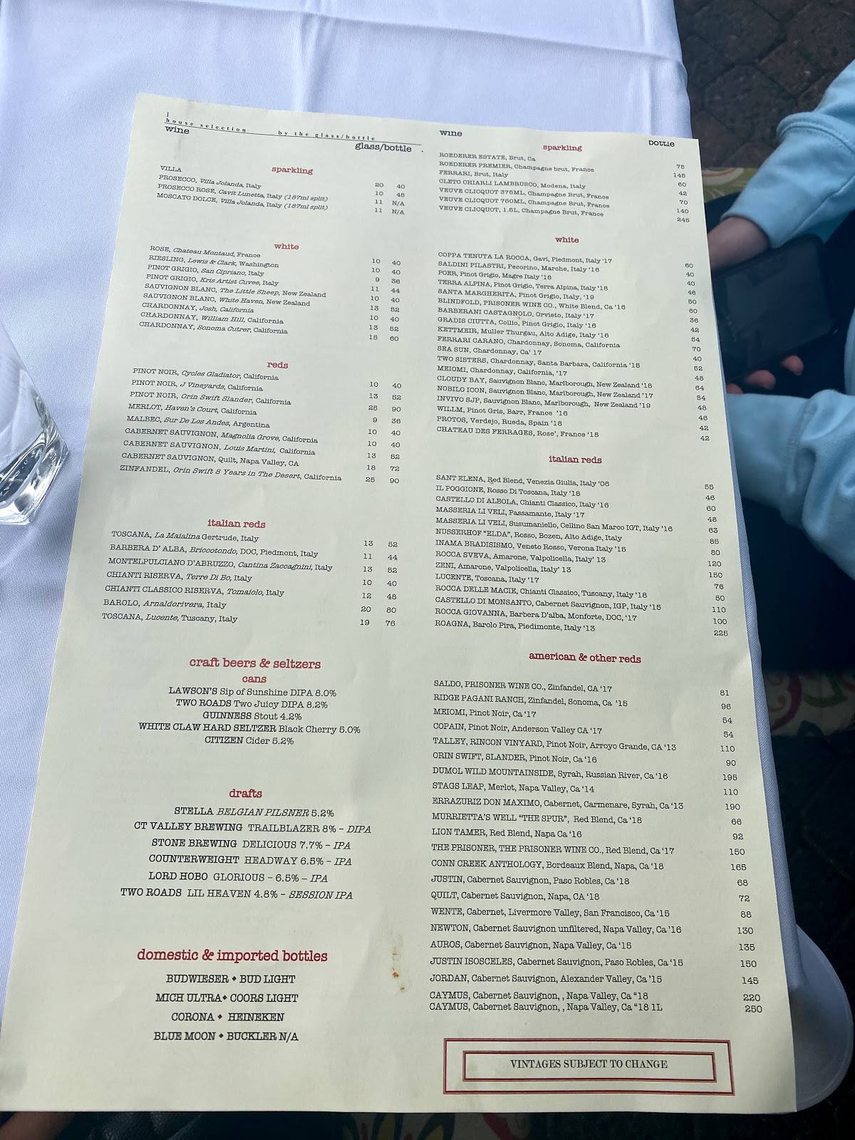 Menu at Restaurant Bricco, West Hartford