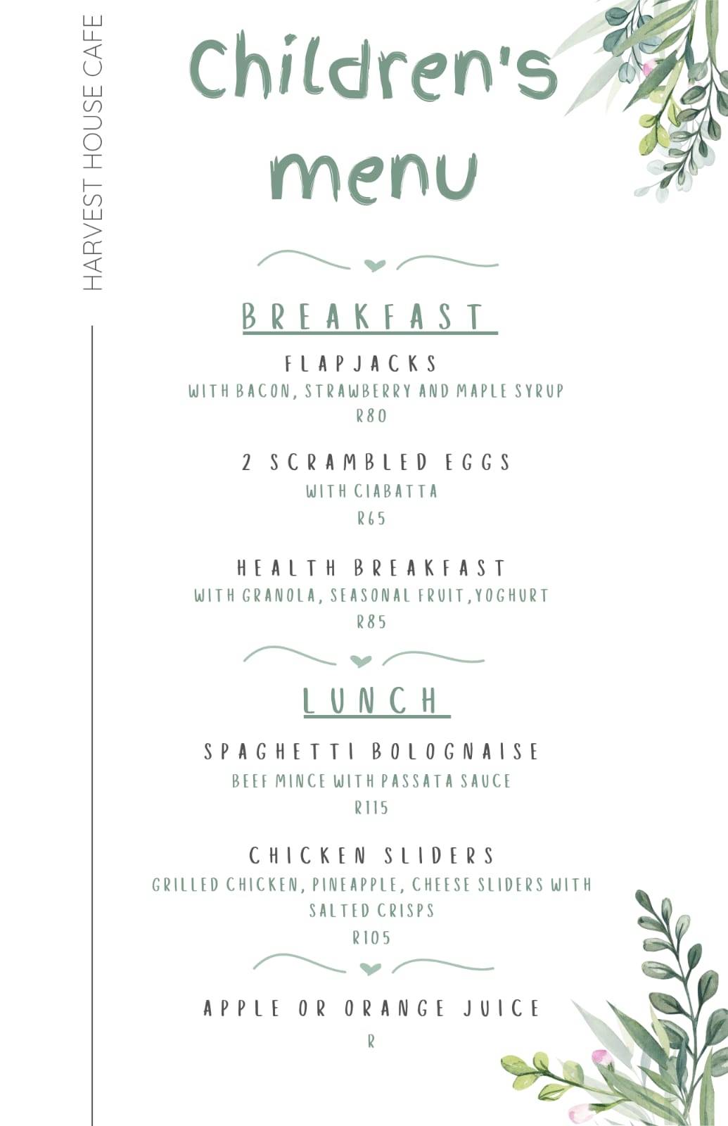 Menu at Harvest House Cafe, Cape Town