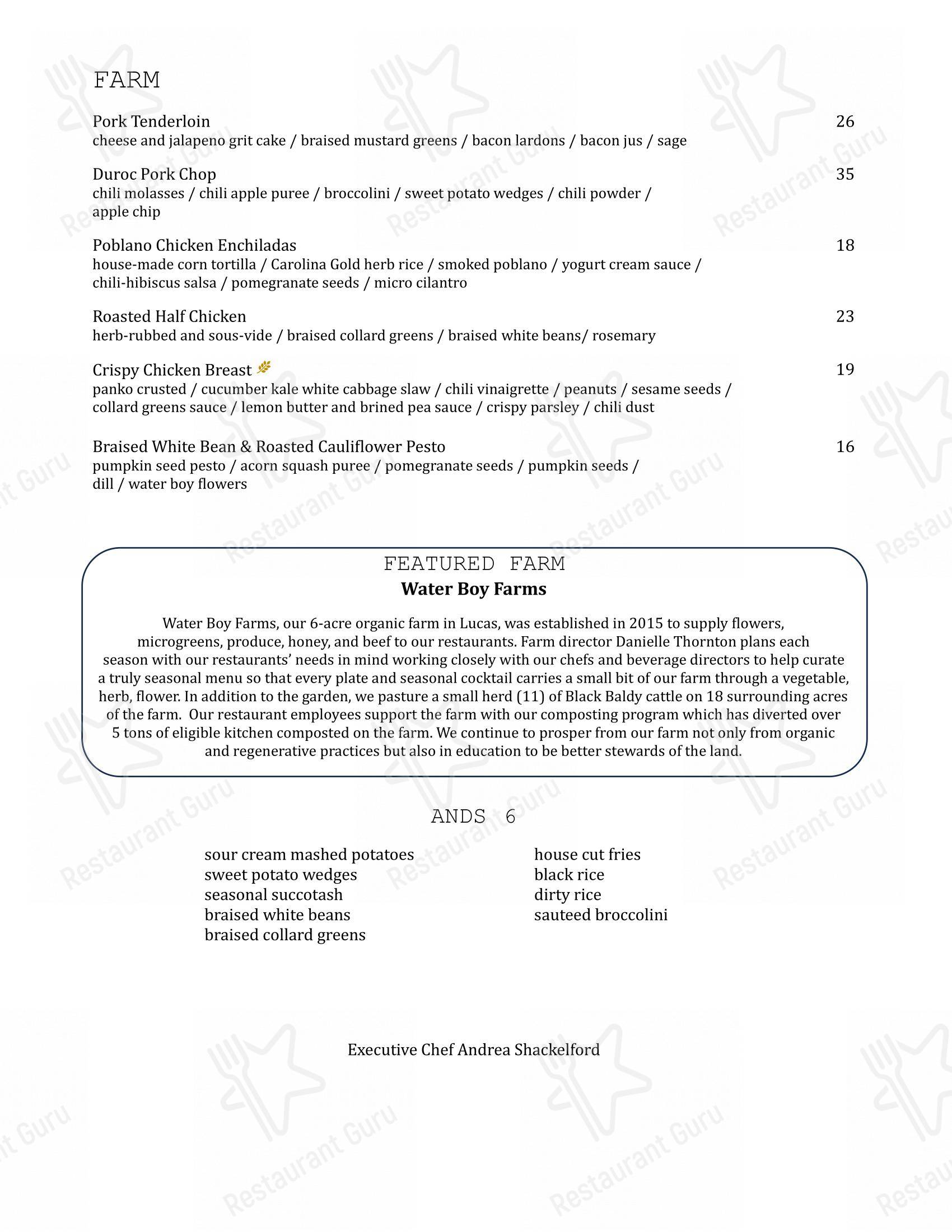 Menu at Harvest at the Masonic restaurant, McKinney