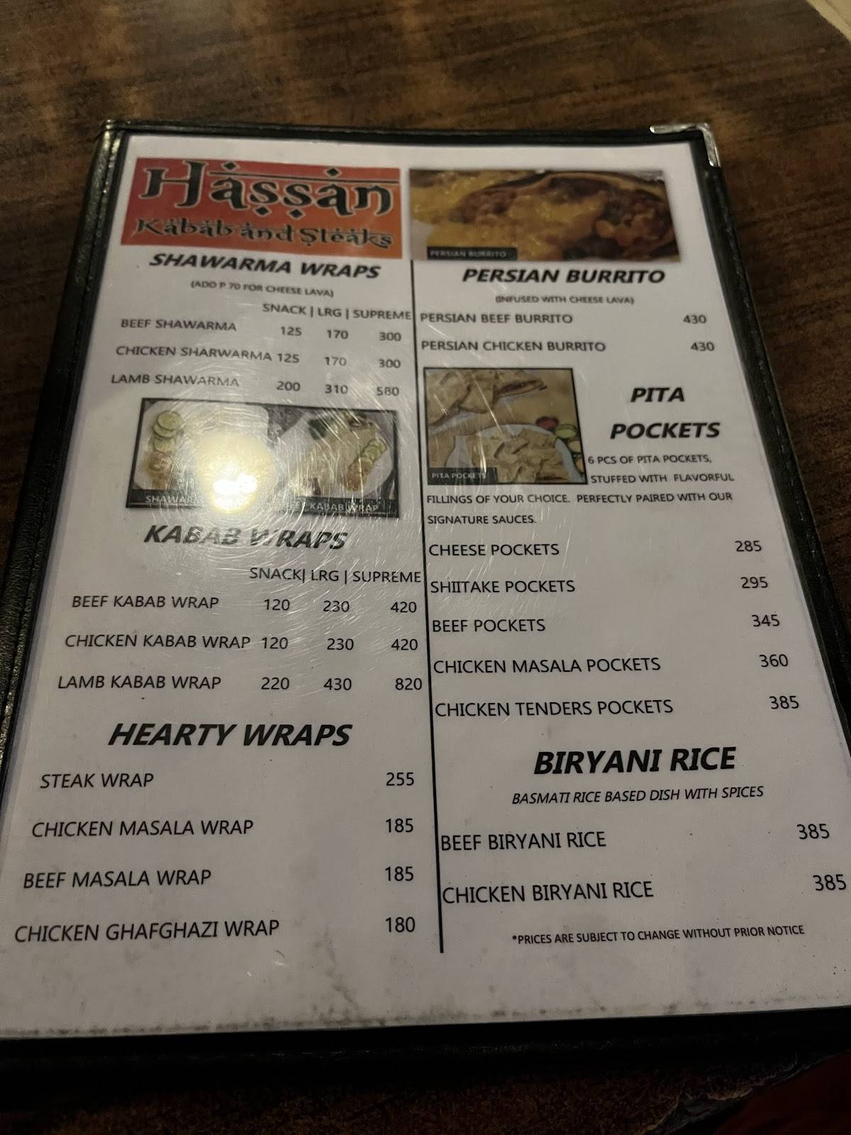 Menu at Hassan Kabab and Steaks pub & bar, Quezon City, Katipunan Ave