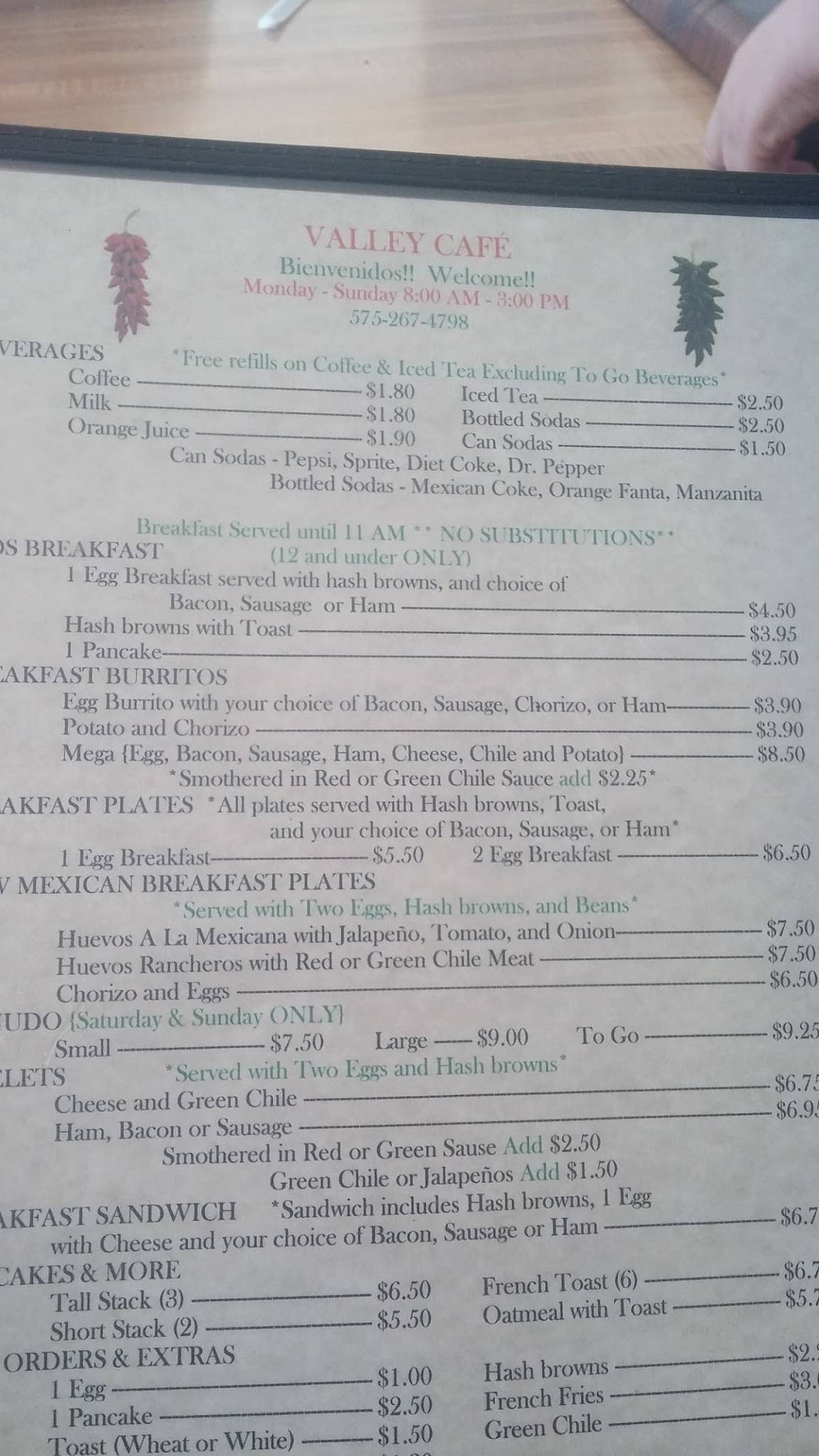 Menu at Valley Cafe, Hatch