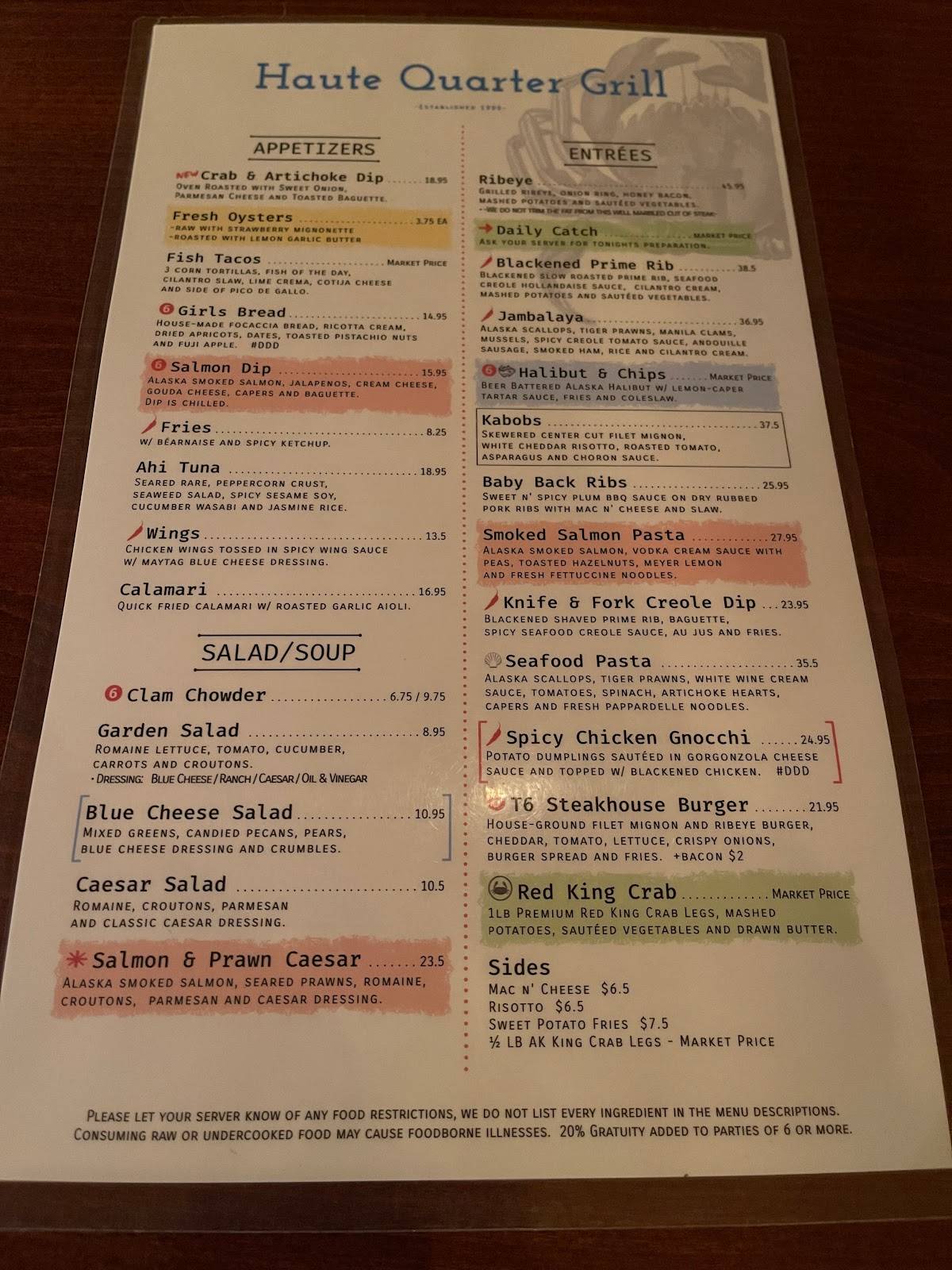 Menu at Haute Quarter Grill pub & bar, Anchorage, 525 W 4th Ave
