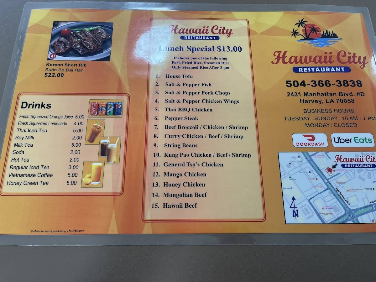 Menu at Hawaii city restaurant, Harvey
